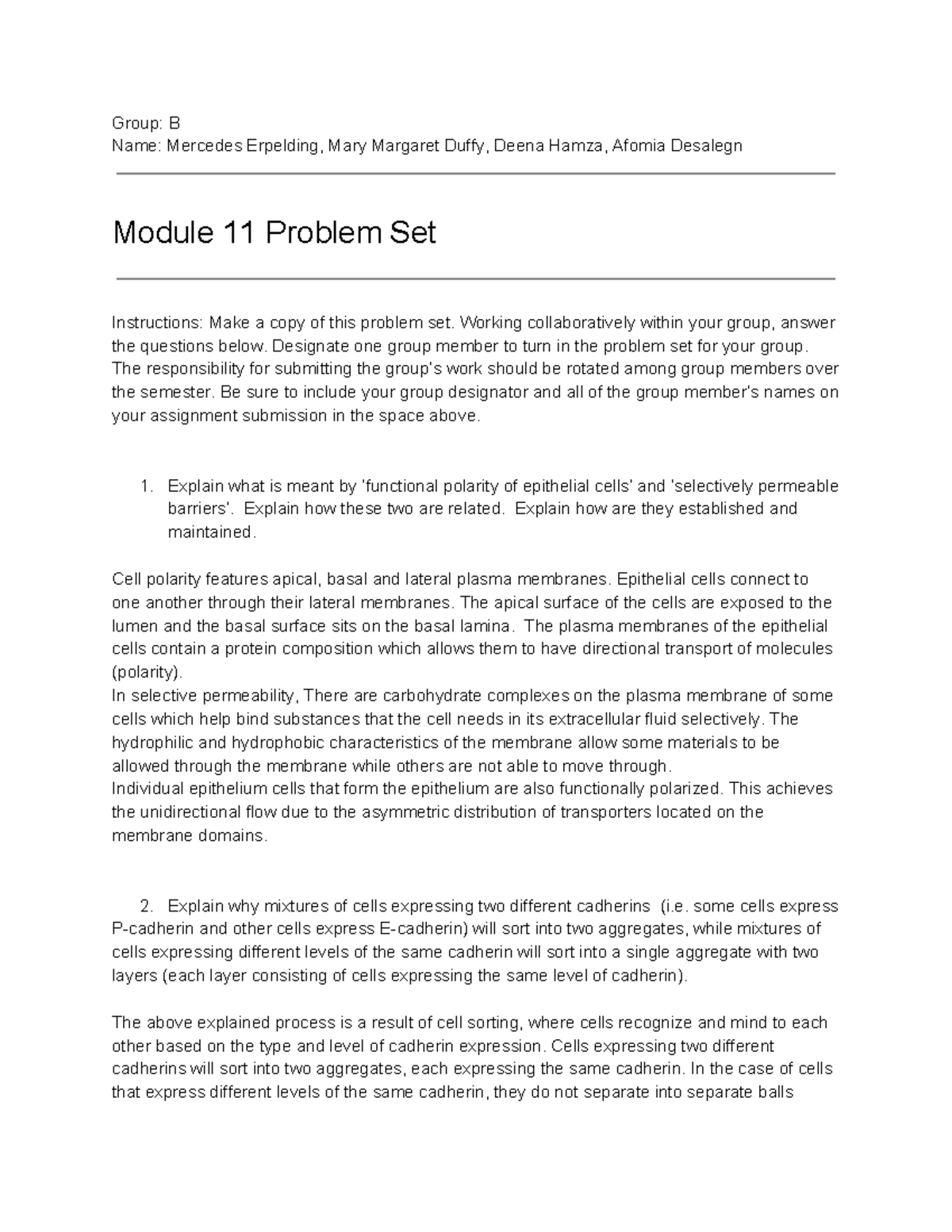 Cell Biology Module 11 Problem Set Group B Name Mercedes Erpelding