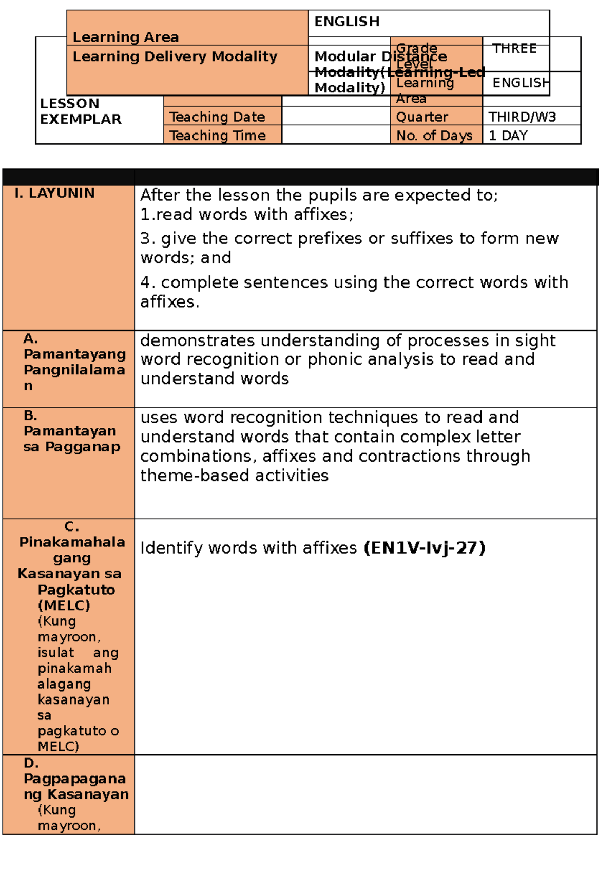 Cot English 3 Q3 - FOR DEMONSTRATION TEACHING - LESSON EXEMPLAR School ...