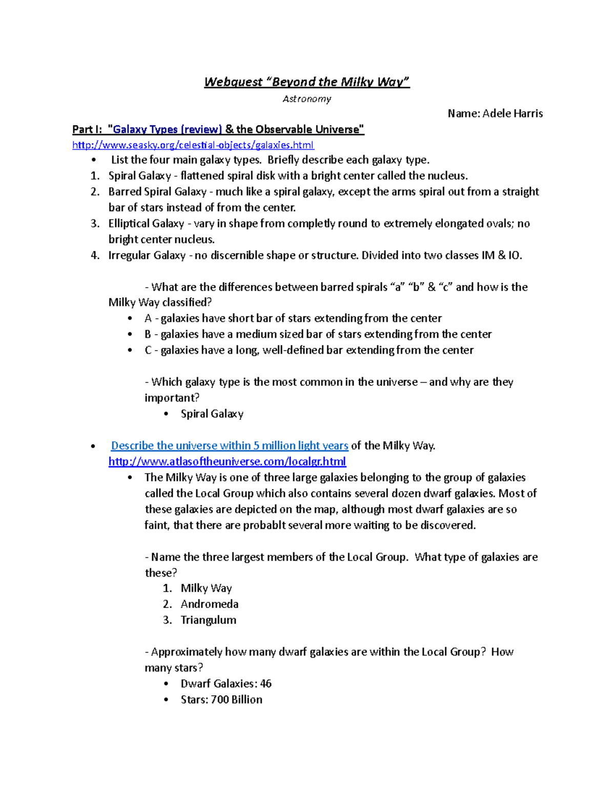 Astronomy Internet Activity Beyondthe Milky Way - Webquest “Beyond the ...