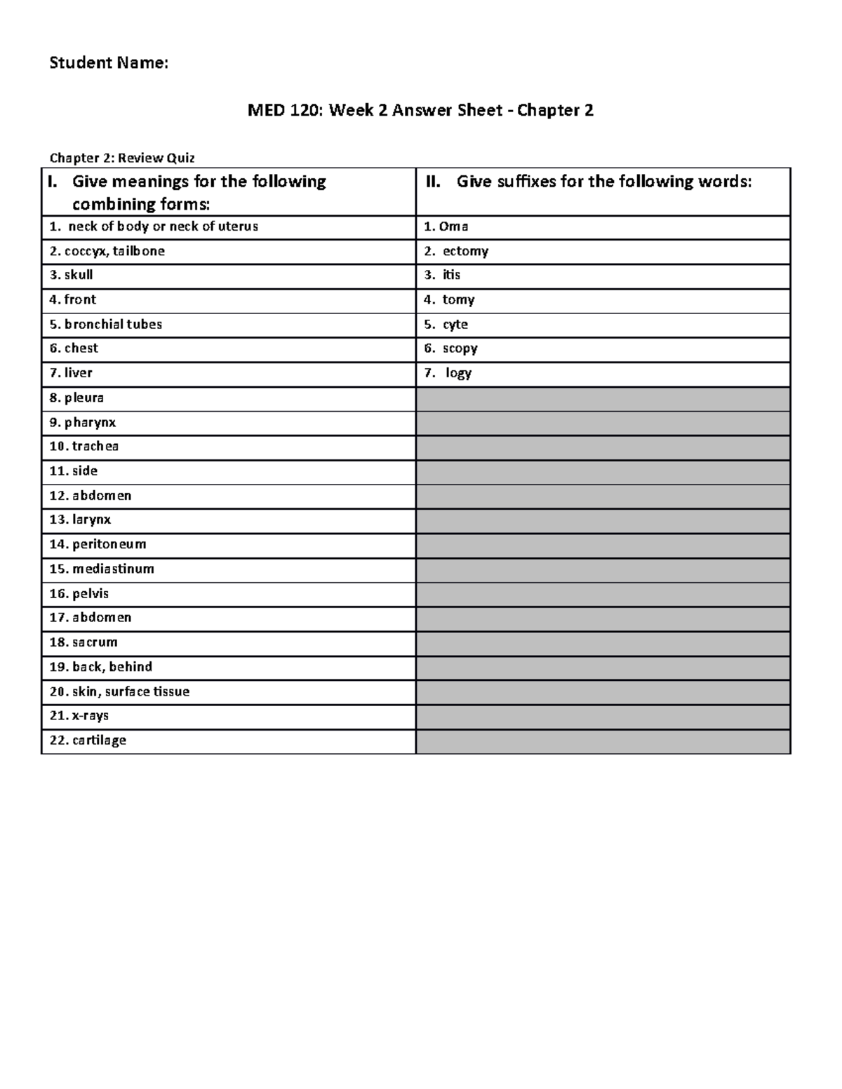 Chapter 2 Answer Sheet - Student Name: MED 120: Week 2 Answer Sheet - Chapter 2 Chapter 2 ...