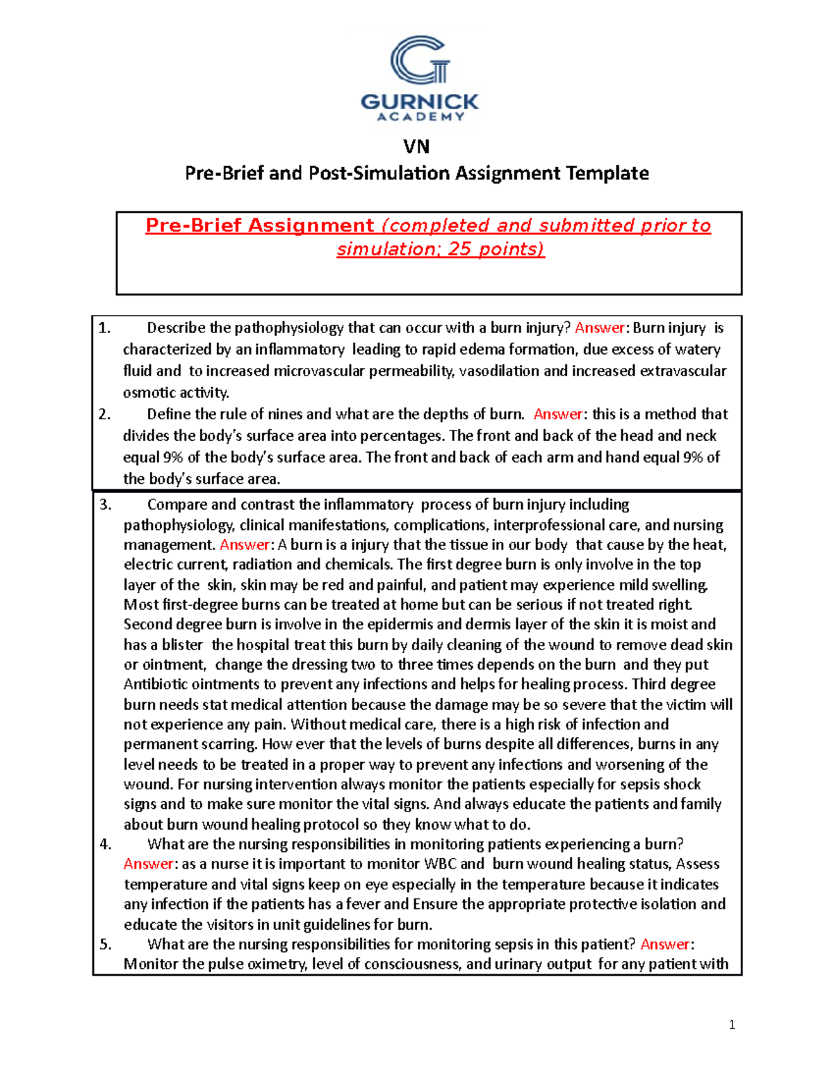 Pre-Brief and Post-Simulation Assignment - burn injury - Pre-Brief and Post-Simulation ...
