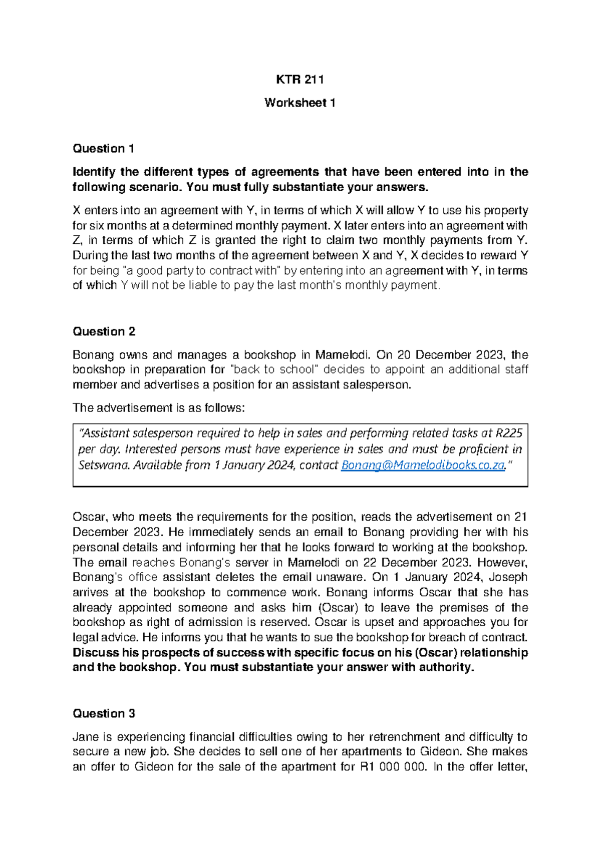 KTR 211 Worksheet 1 2024 - KTR 211 Worksheet 1 Question 1 Identify the different types of ...