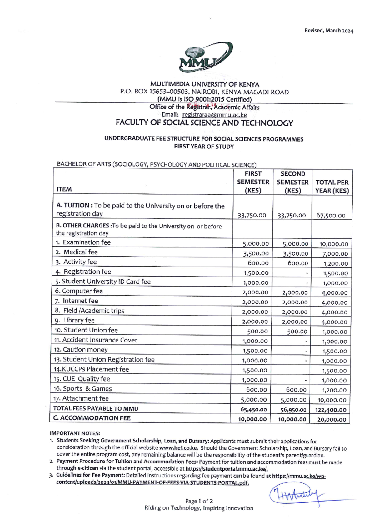 Fosst Approved Fee Structures All Programmes - Revised, March 2024 MMU ...