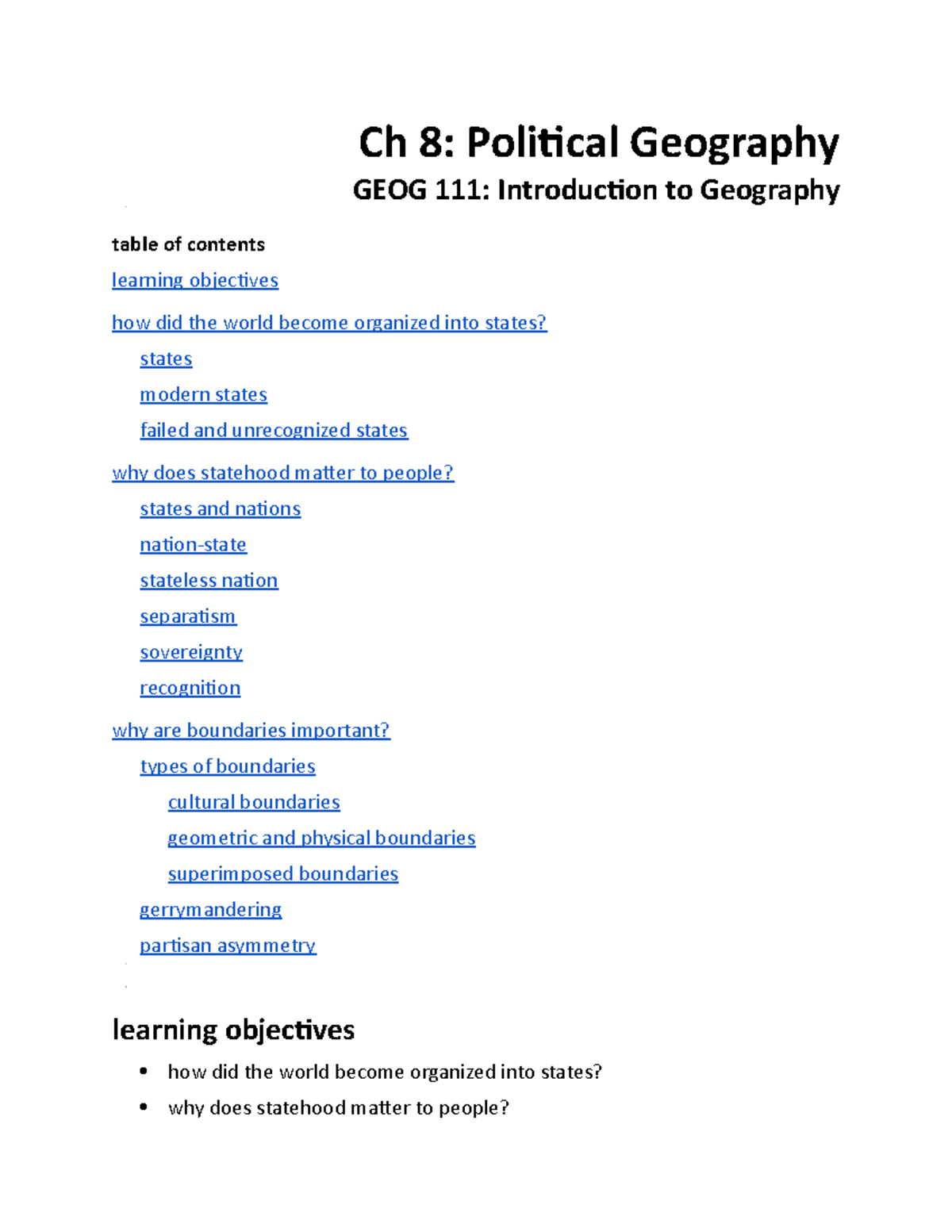 Ch 8- Political Geography GEOG 111- Introduction to Geography - Ch 8 ...
