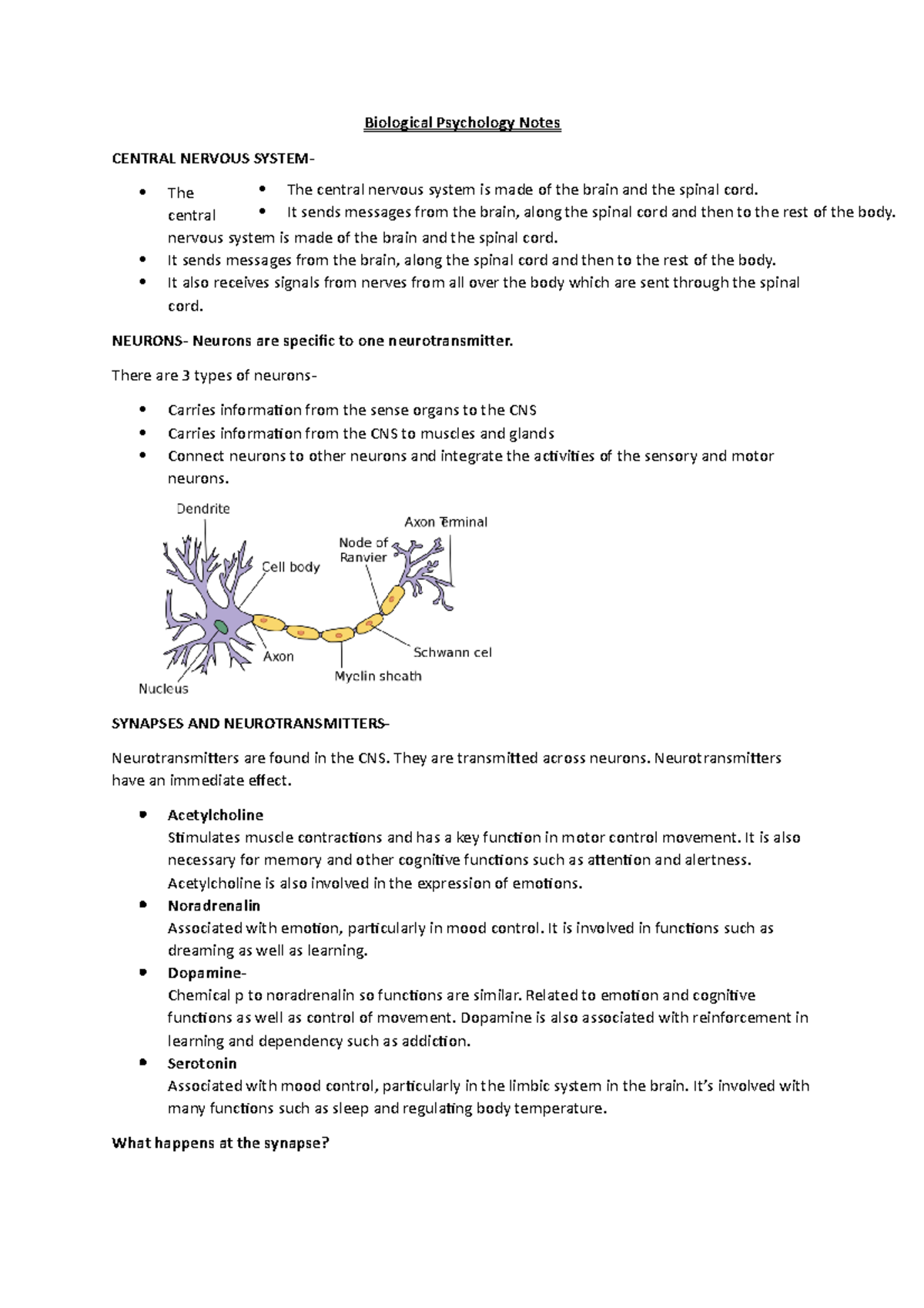 Biological Psychology Notes - Biological Psychology Notes CENTRAL ...