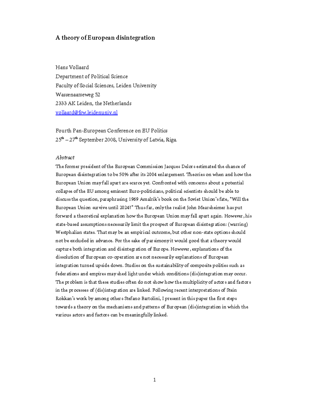 277905514 Vollaard Hans A Theory of European Disintegration - - Studocu