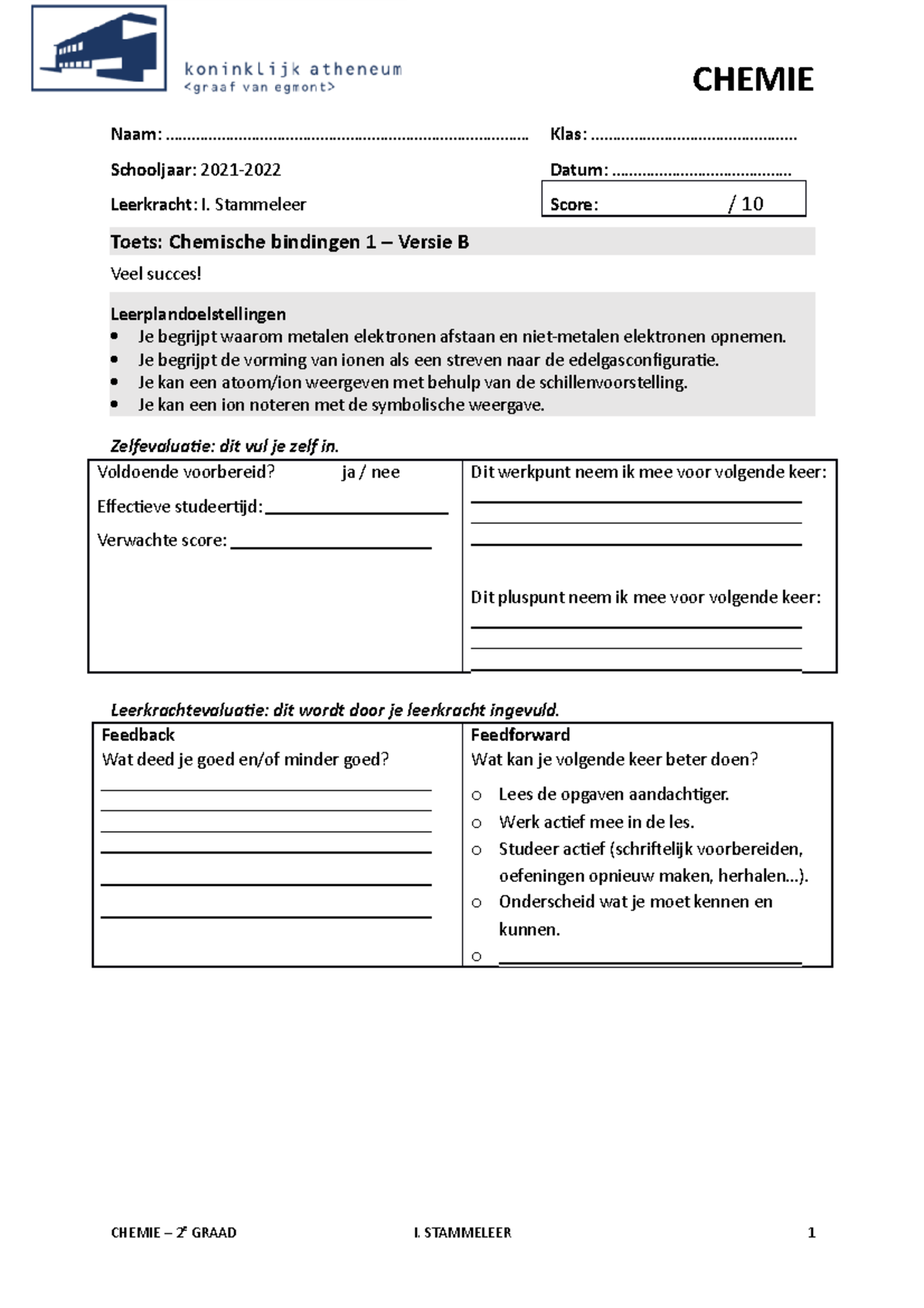 Toets Chemische bindingen 1 Versie B - CHEMIE Naam: - Studocu