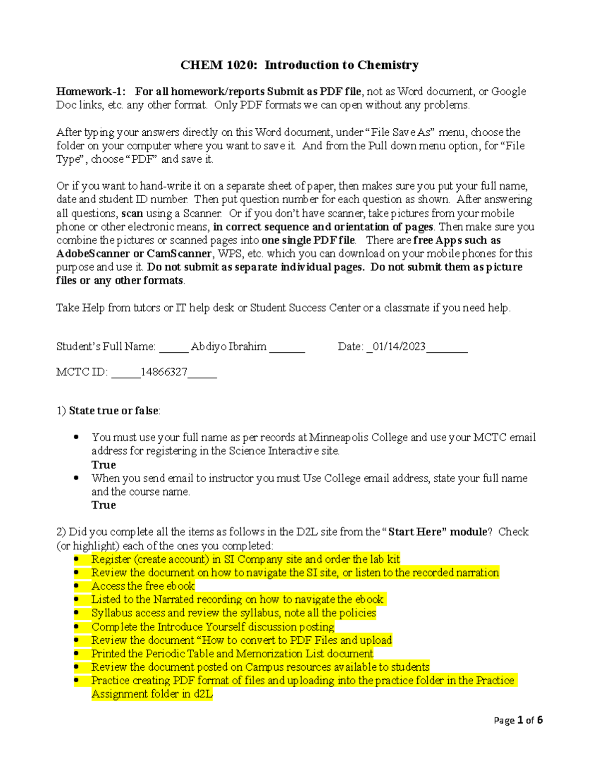 Syllabus Homework CHEM1020 - CHEM 1020: Introduction to Chemistry Homework-1: For all - Studocu