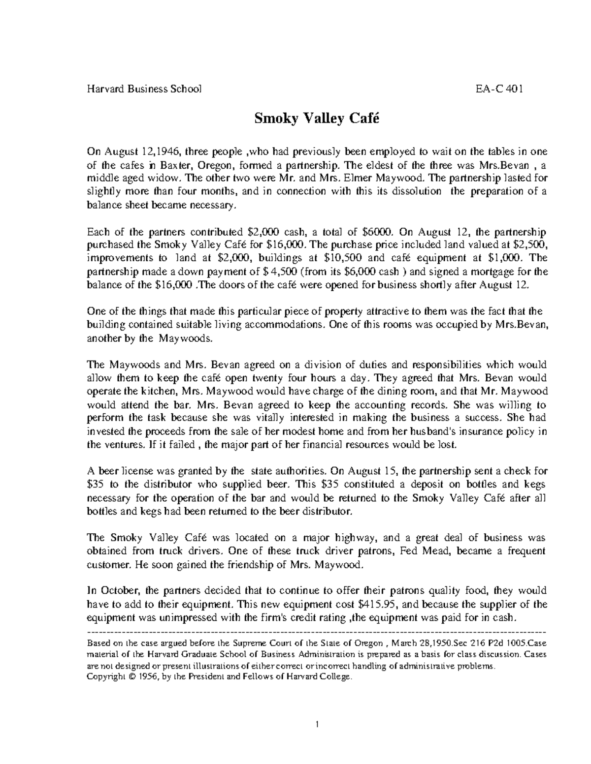 Smoky Valley Cafe - case study - 1 Harvard Business School EA-C 401 Smoky Valley Café On August ...