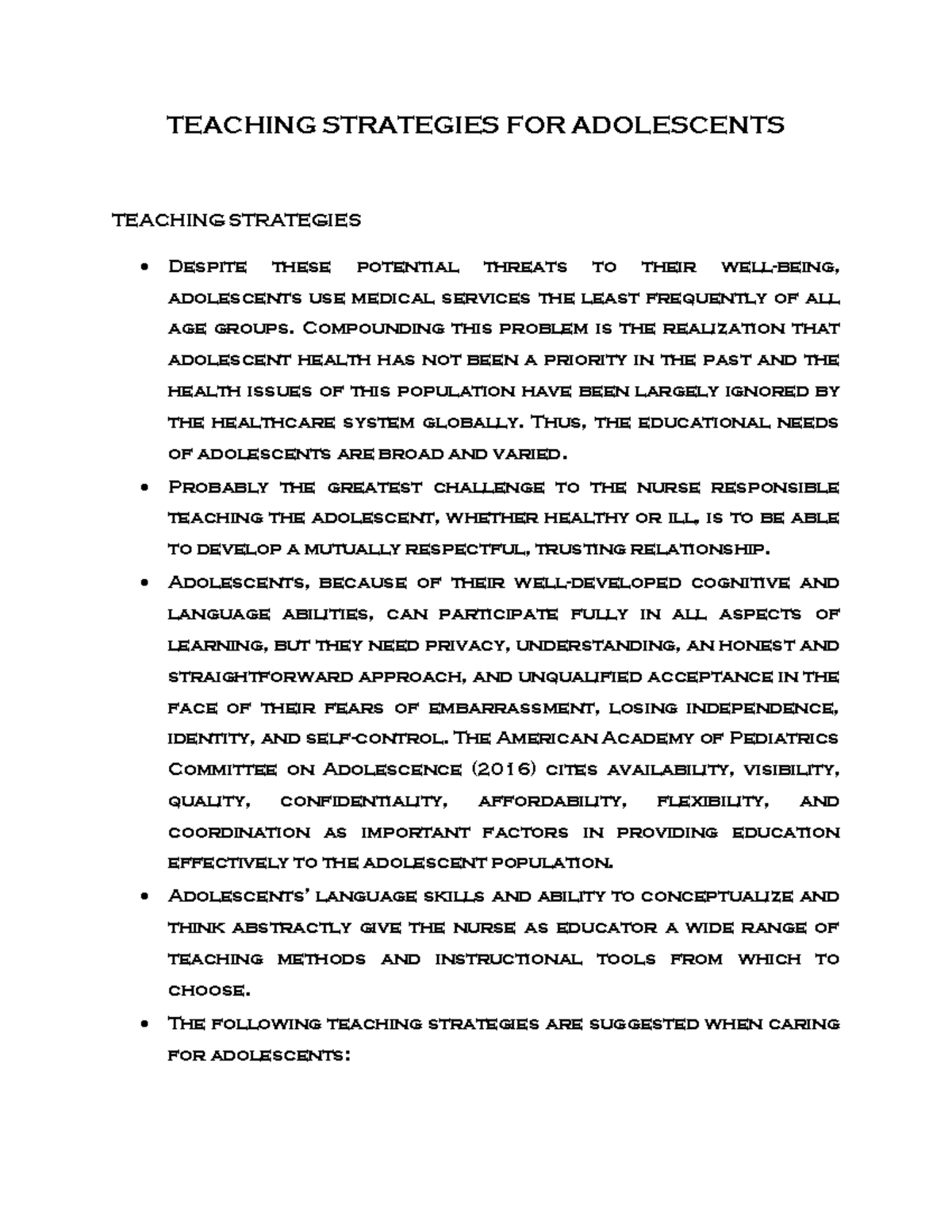 Teaching Strategies FOR Adolescents(PART2) - TEACHING STRATEGIES FOR ...