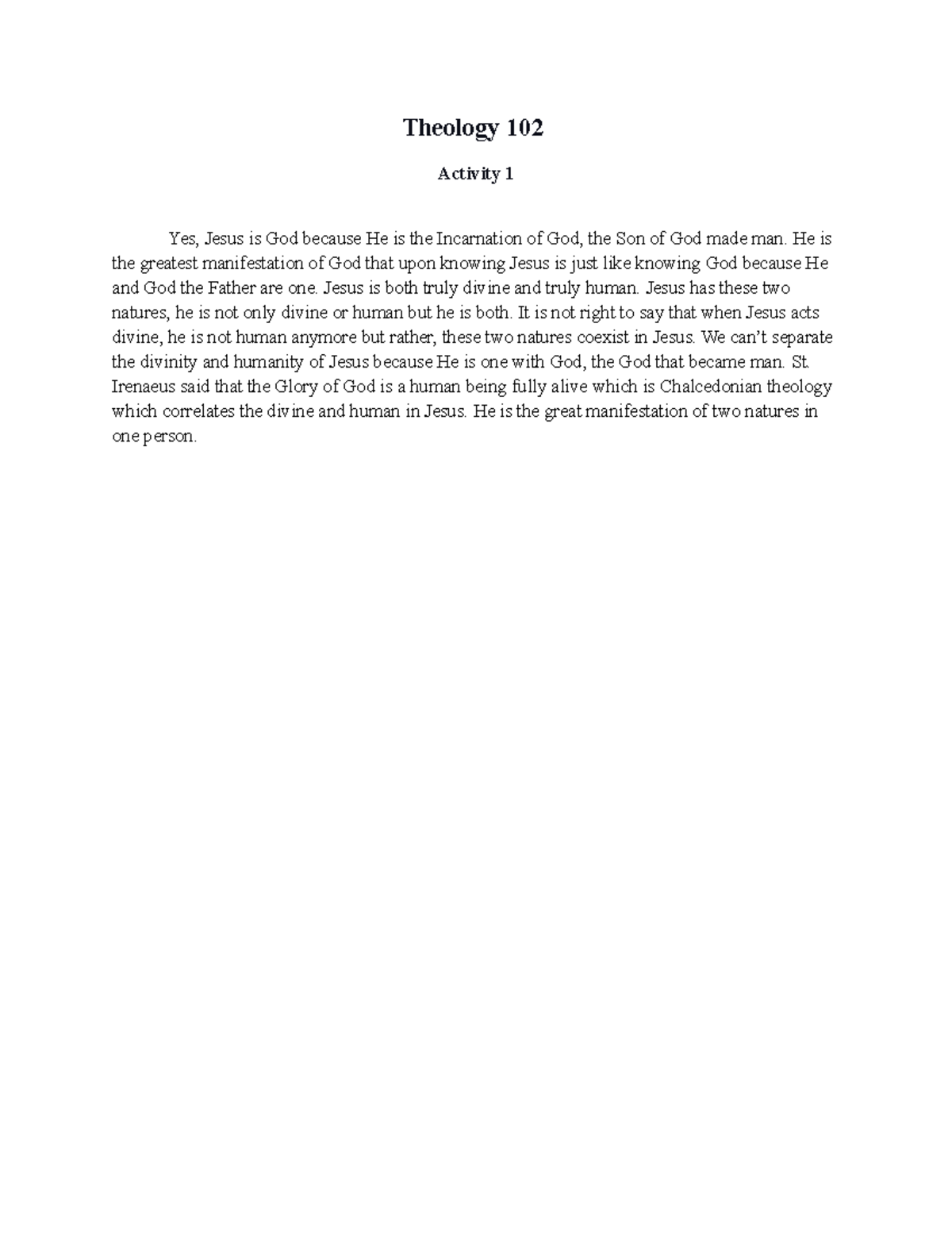 Lesson 2 Worksheet Activity 1 - Theology 102 Activity 1 Yes, Jesus is ...
