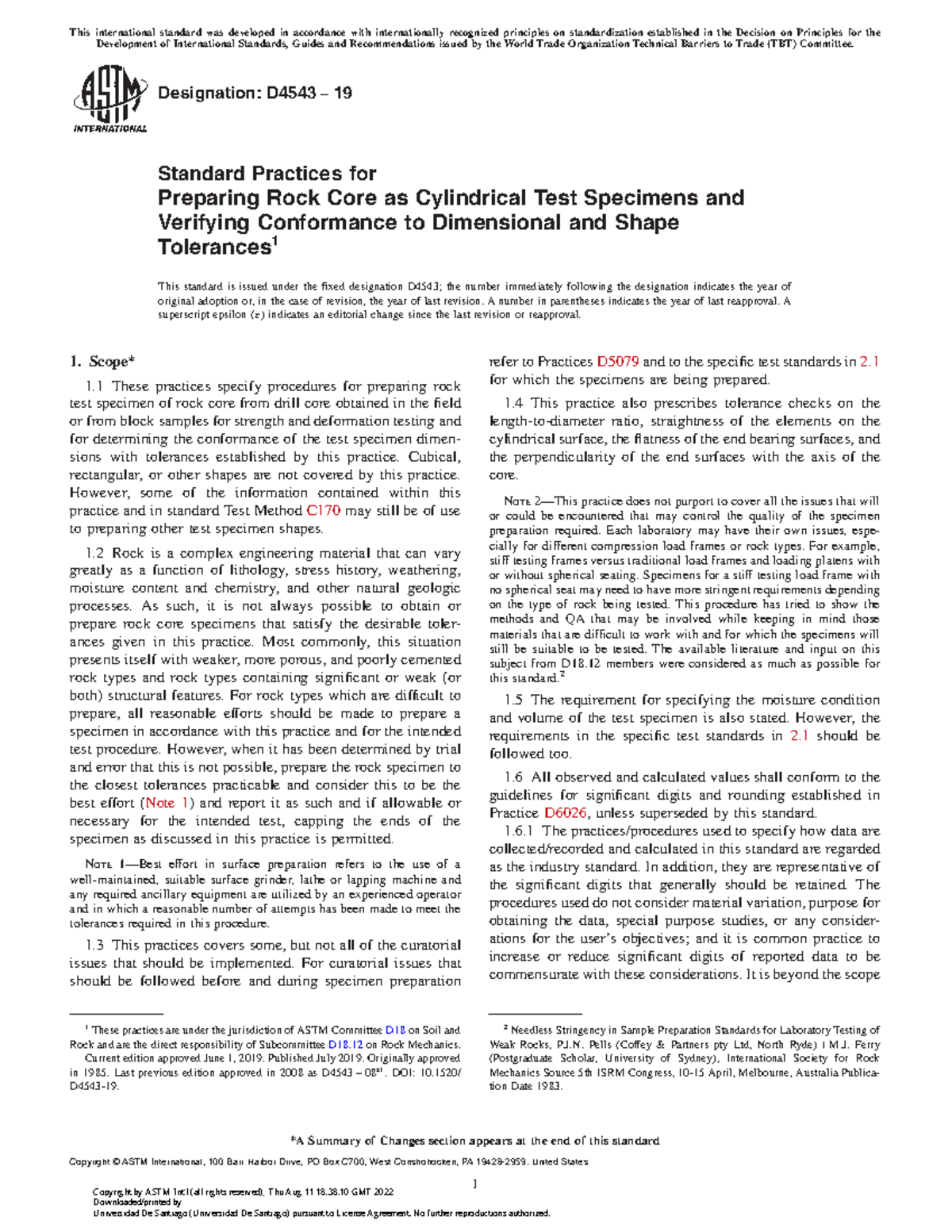 D4543-19 Standard Practices for Preparing Rock Core as Cylindrical Test ...