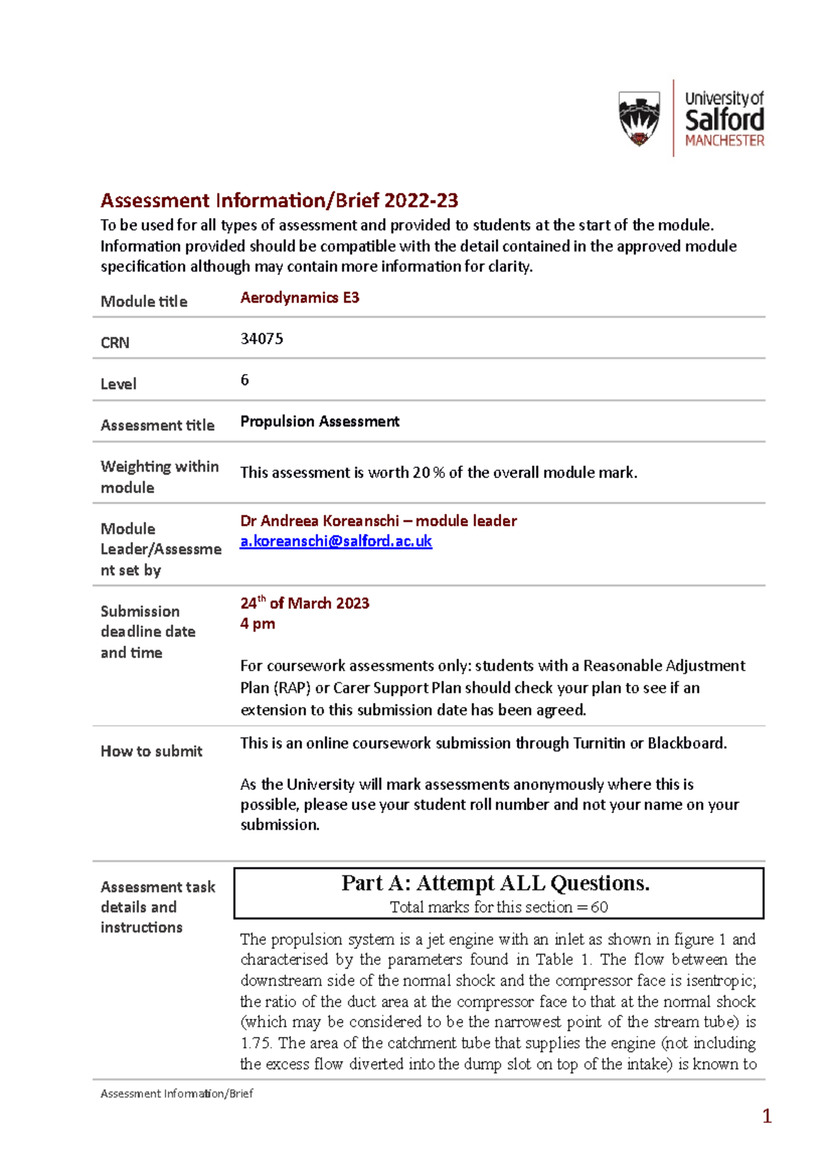 Assessment Brief Form 2022-23 Aerodynamics E3 T2 students version 1 - Assessment Information ...