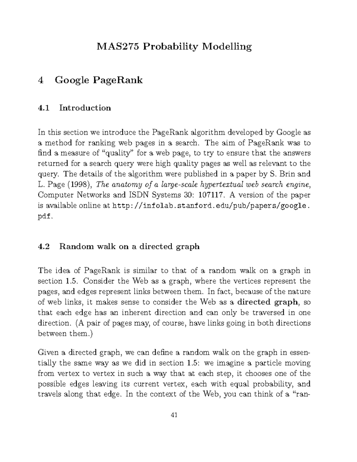 MAS 275 Probability Google Page Rank - MAS275 Probability Modelling 4 ...