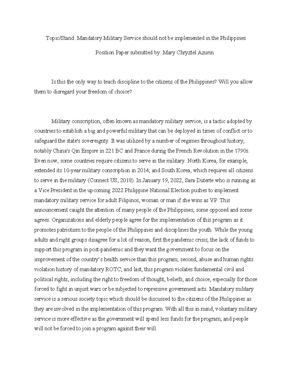Position Paper: Mandatory Military Service in the Philippines - Topic ...