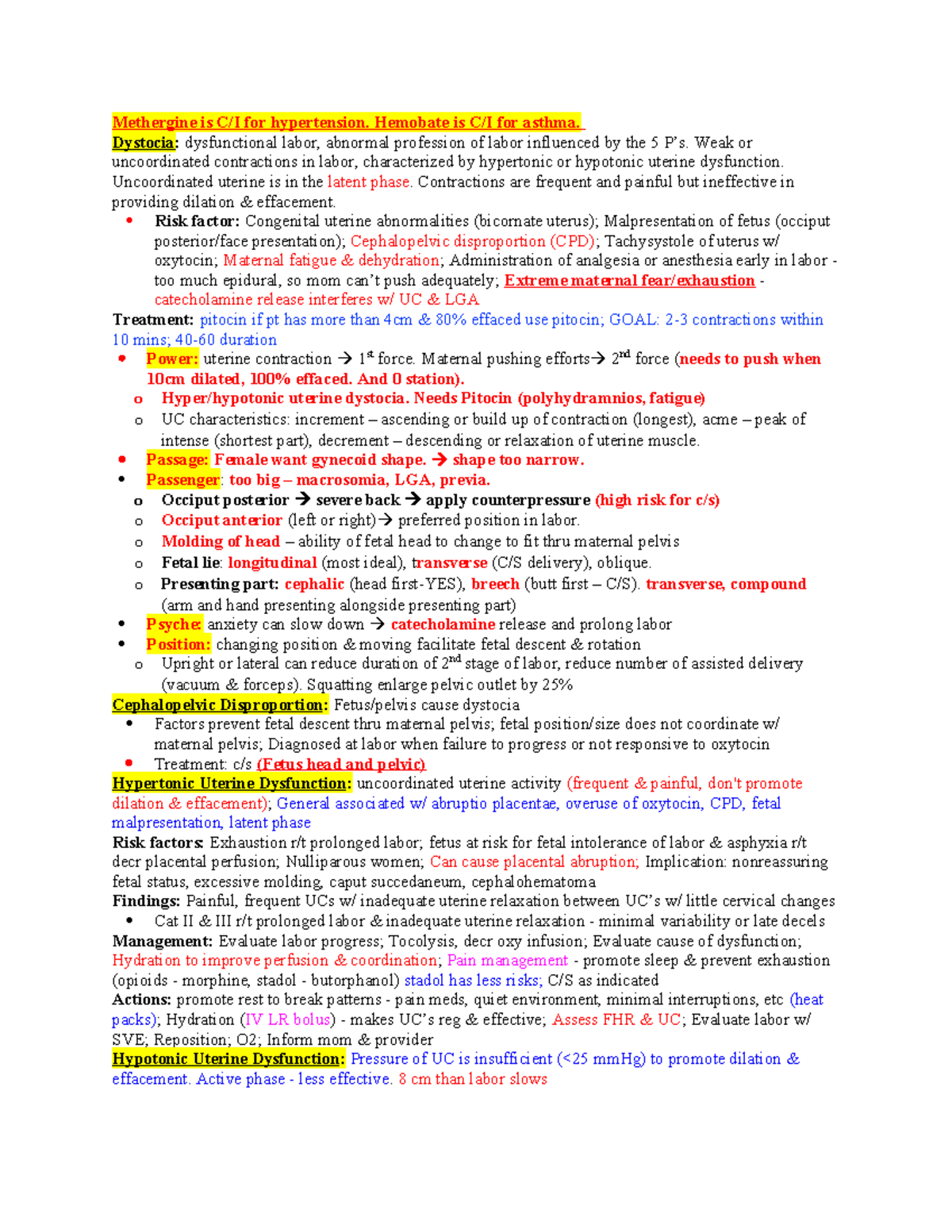 Week 6 OB note - week 6 - Methergine is C/I for hypertension. Hemobate ...