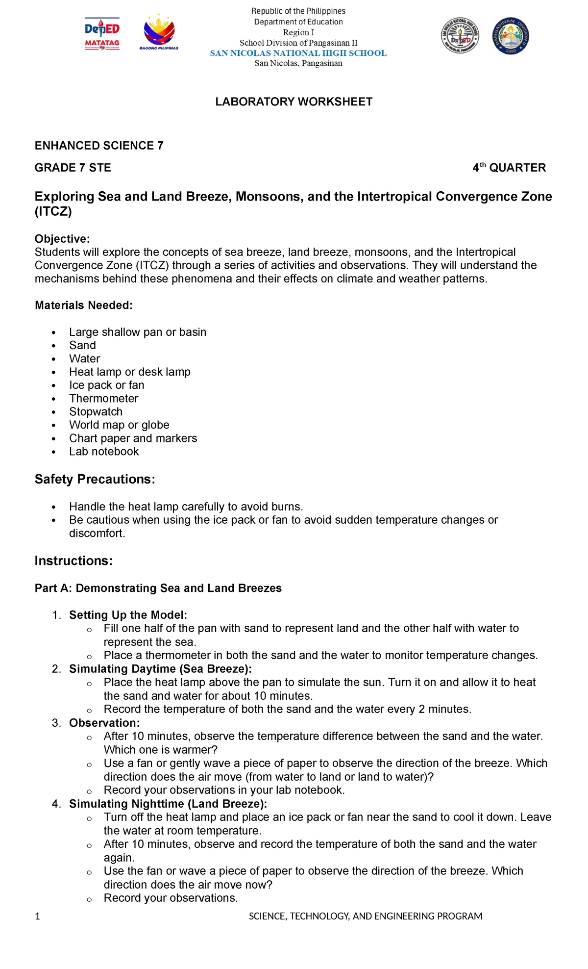 SEA AND LAND Breeze - Laboratory Worksheet - STE 7 - LABORATORY ...