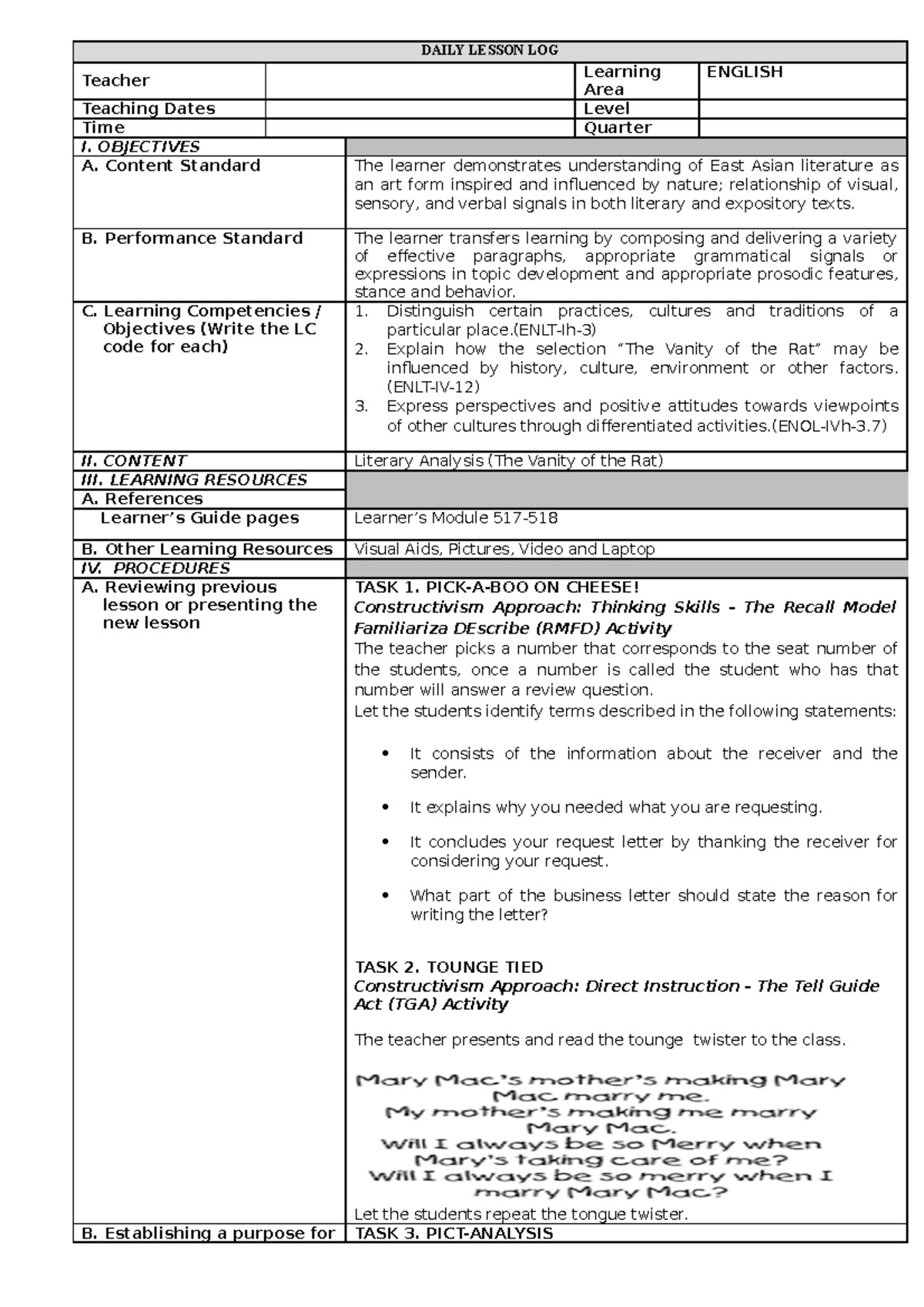 Redemo lesson plan - DAILY LESSON LOG Teacher Learning Area ENGLISH ...