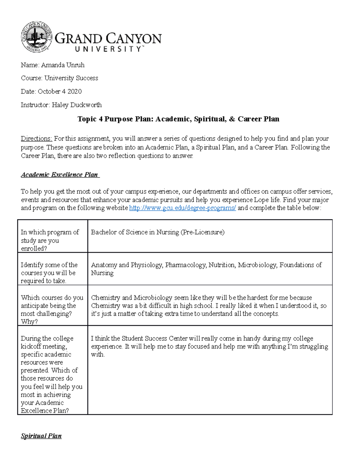 Purpose Plan Practice materials - Name: Amanda Unruh Course: University ...