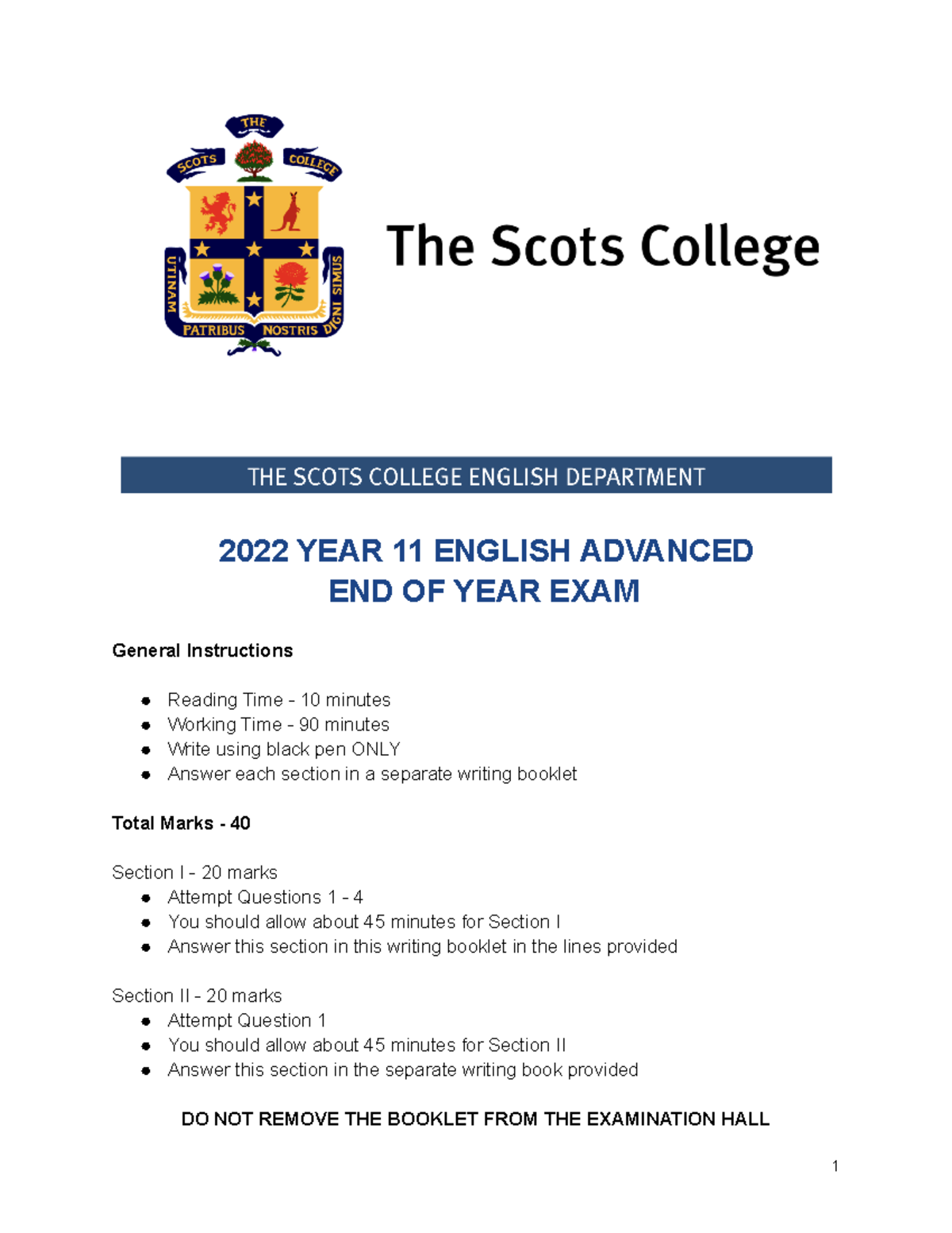2022 Year 11 Exam ADV Prelim - Question Booklet - 2022 YEAR 11 ENGLISH ...