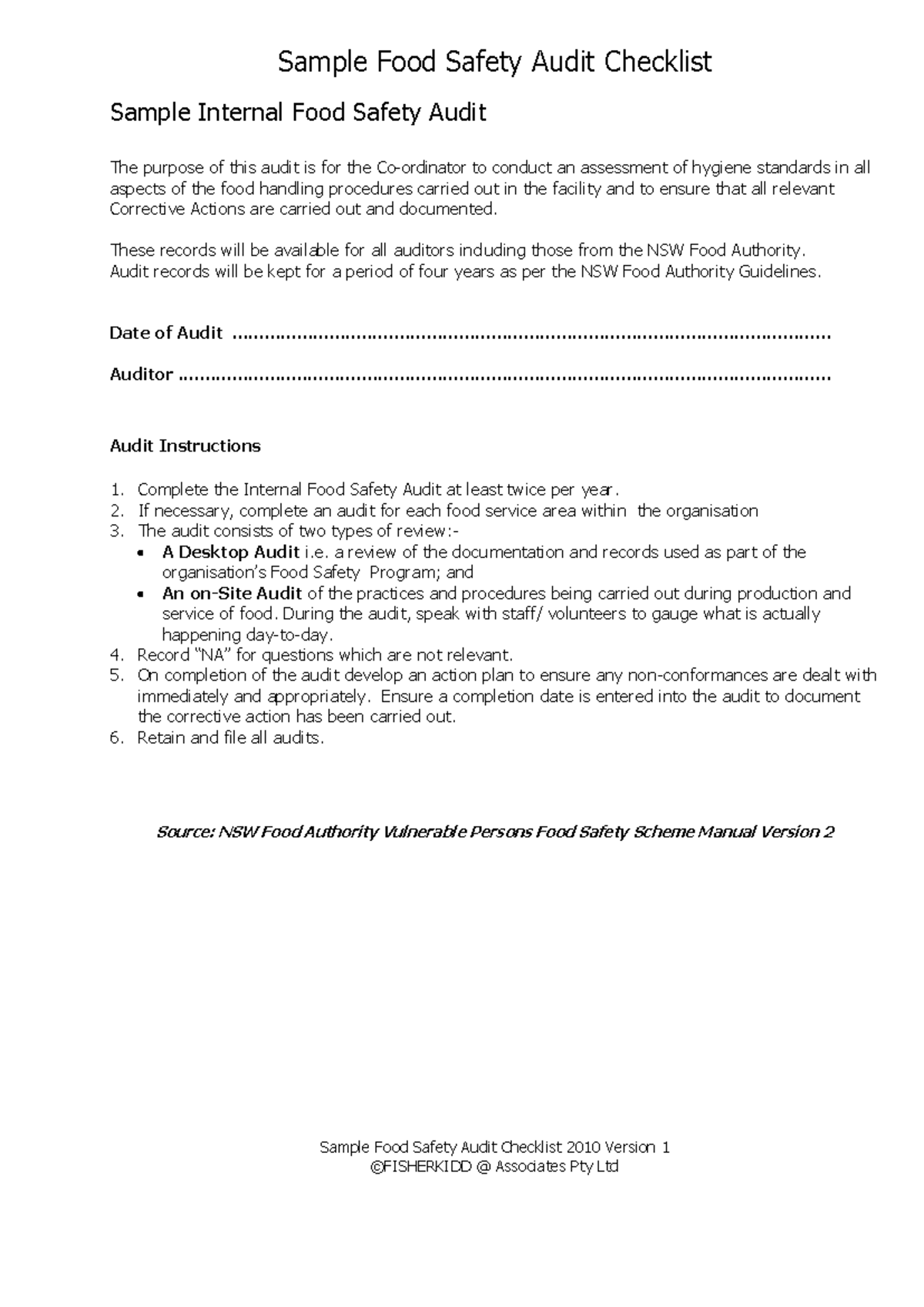 Sample Food Safety Audit Checklist - These records will be available ...