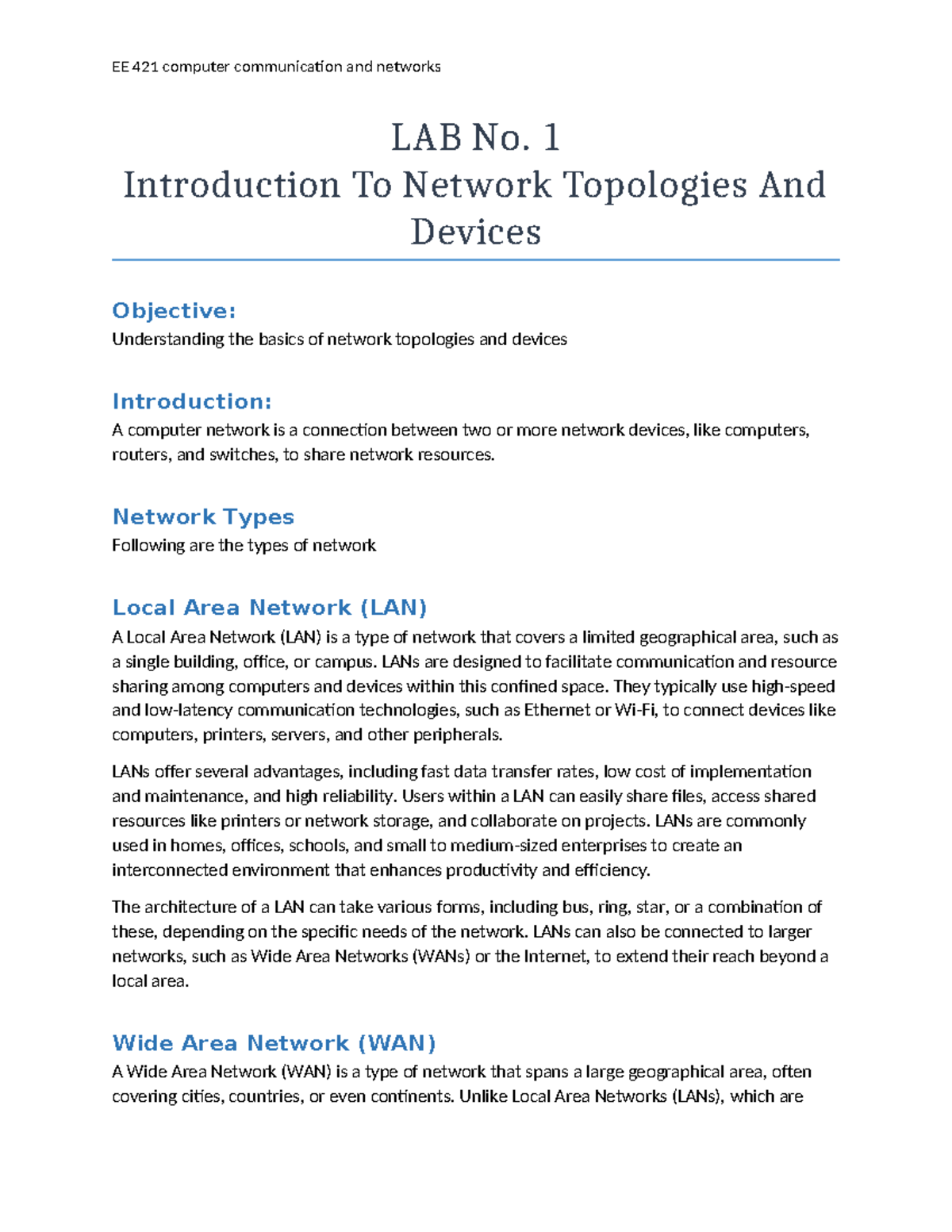 Ccn Lab 1 Lab No 1 Introduction To Network Topologies And Devices Objective Understanding 