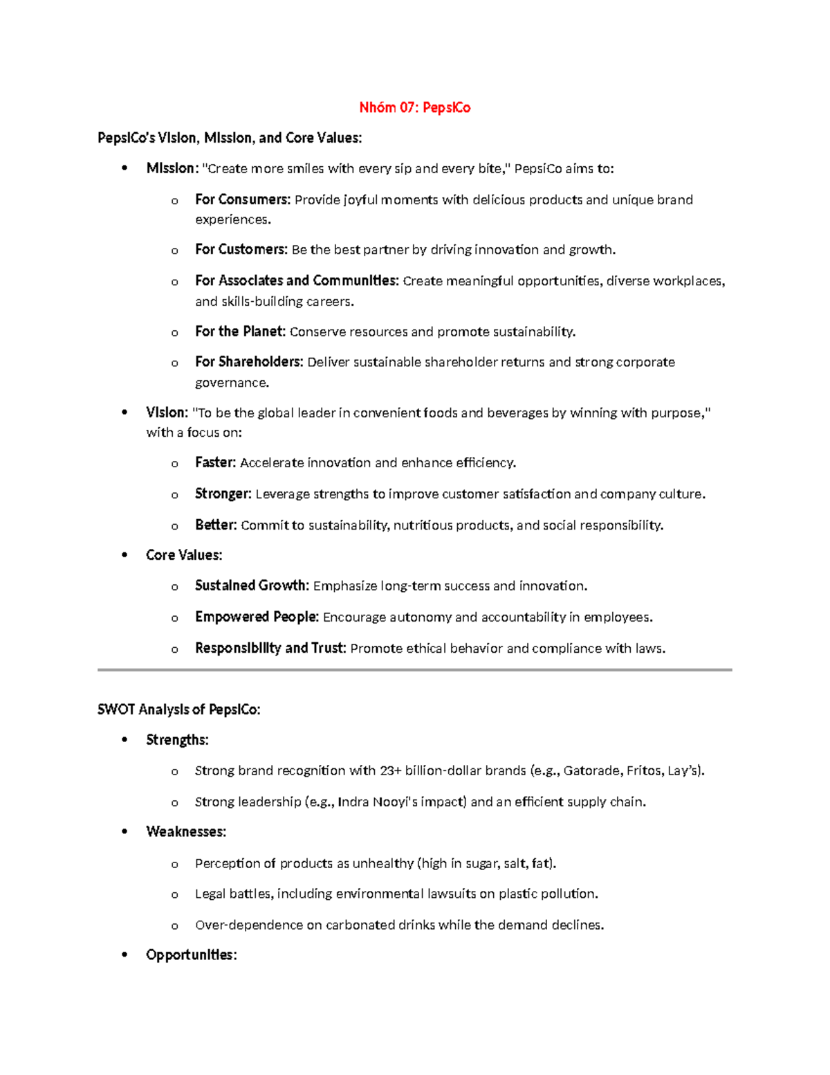 Notes Group 07-12 - Nhóm 07: PepsiCo PepsiCo's Vision, Mission, and ...