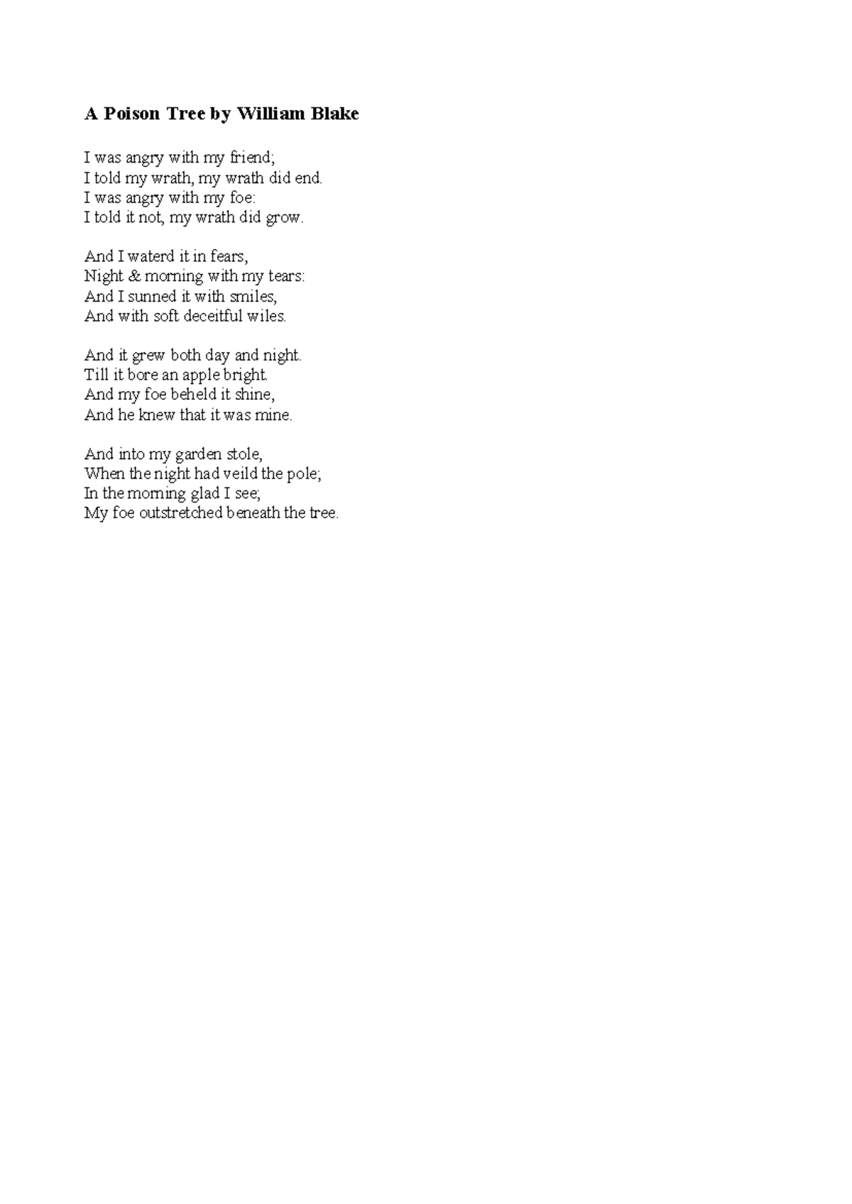 A Poison Tree by William Blake - I was angry with my foe: I told it not ...