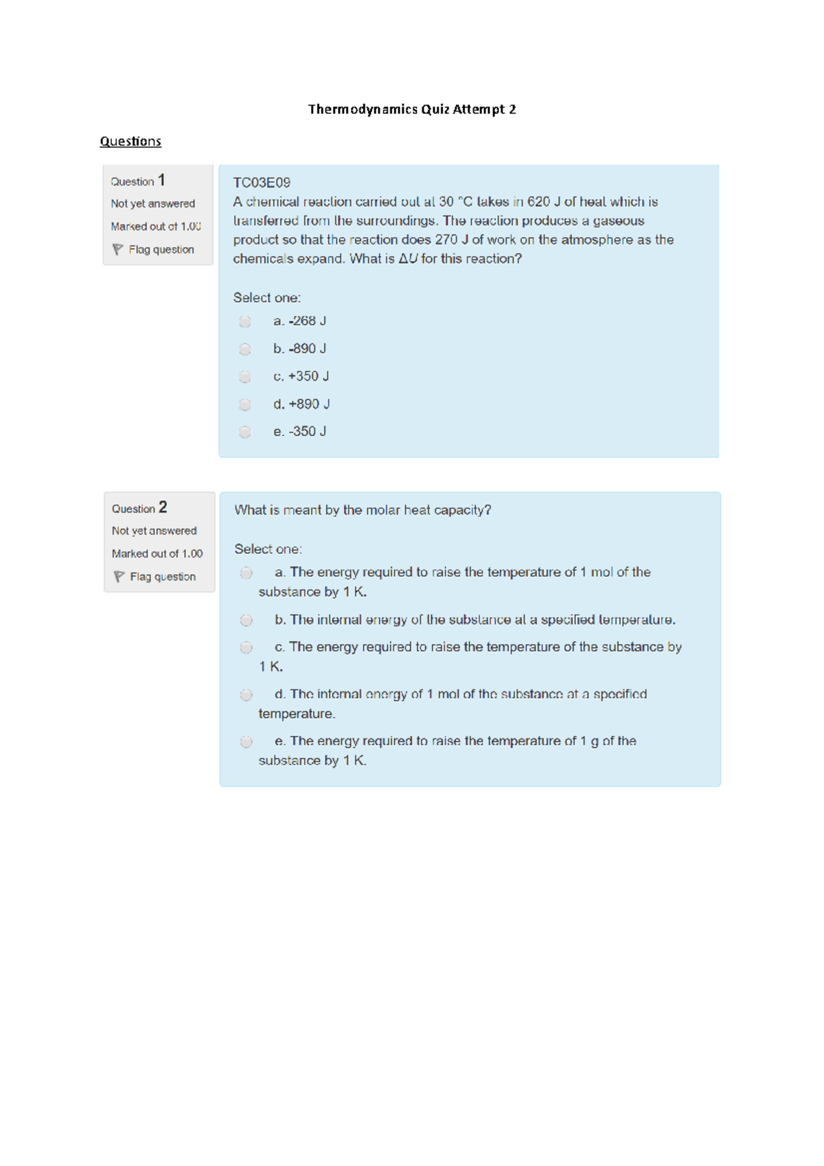 Thermodynamics Quiz Attempt 2 - CHEM1011 - Studocu