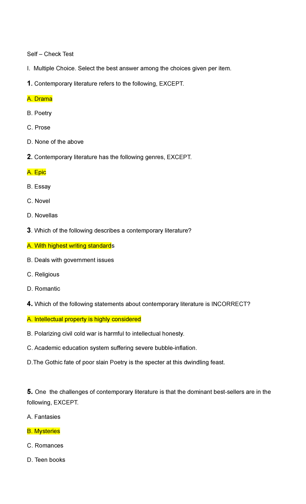Enged 211 Act.4 BSE 2A - Assignment - Self – Check Test I. Multiple ...