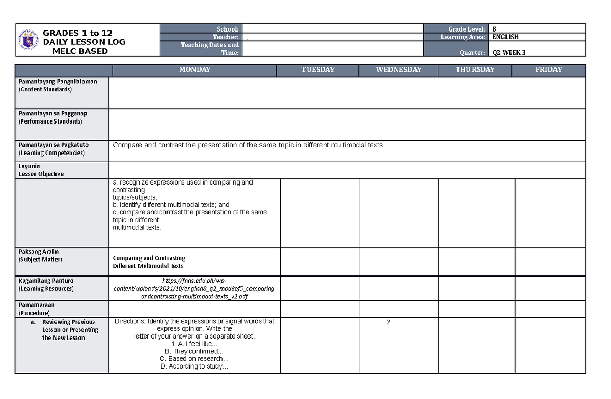 MELC DLL ENG 8 WEEK 3 Q2 DONE - Bachelor of Secondary Education - Studocu