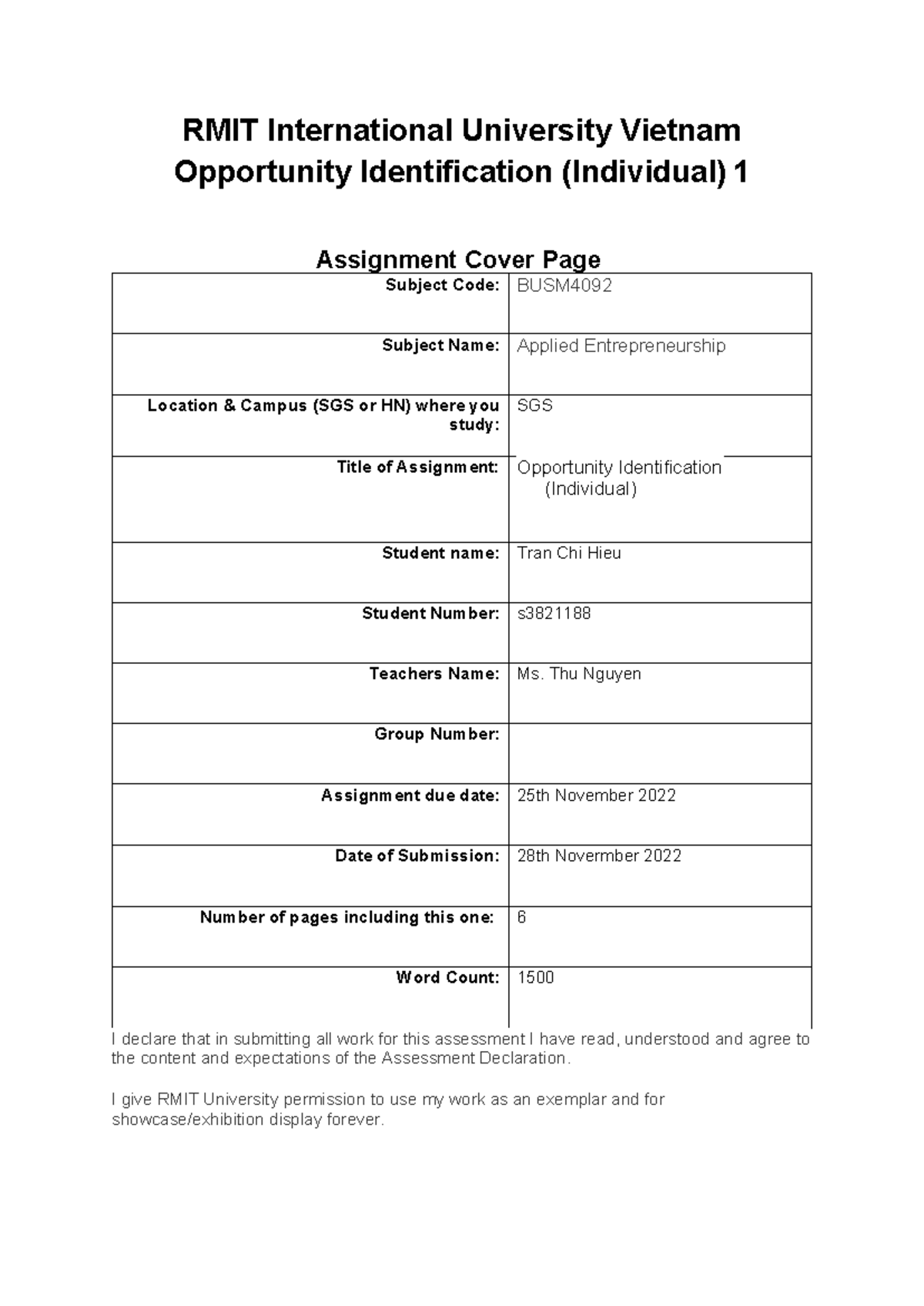 Assignment 1 Applied Entreprenurship Tran Chi Hieu s3821188 - RMIT ...