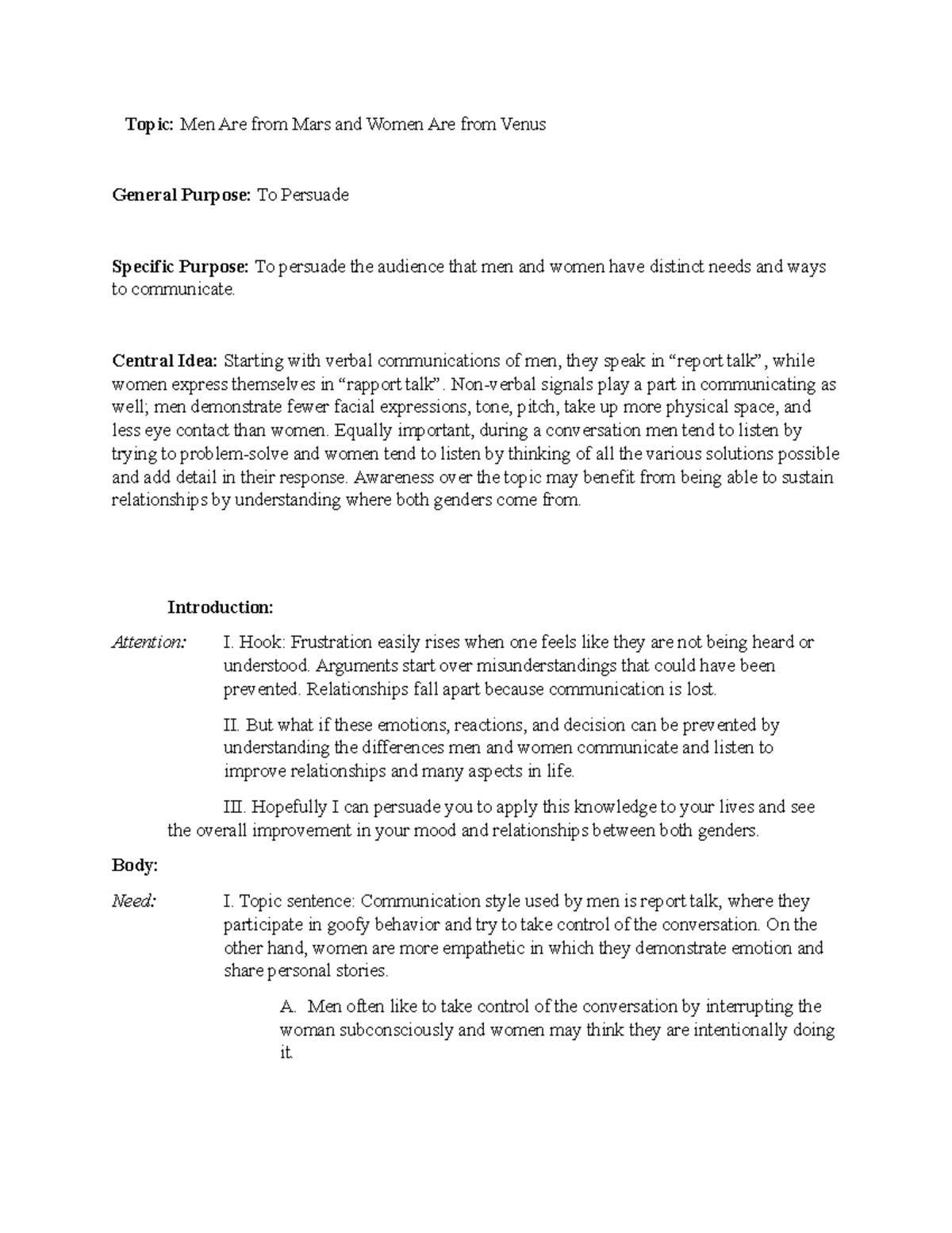 Outline-Persuasive - Outline - Topic: Men Are from Mars and Women Are ...