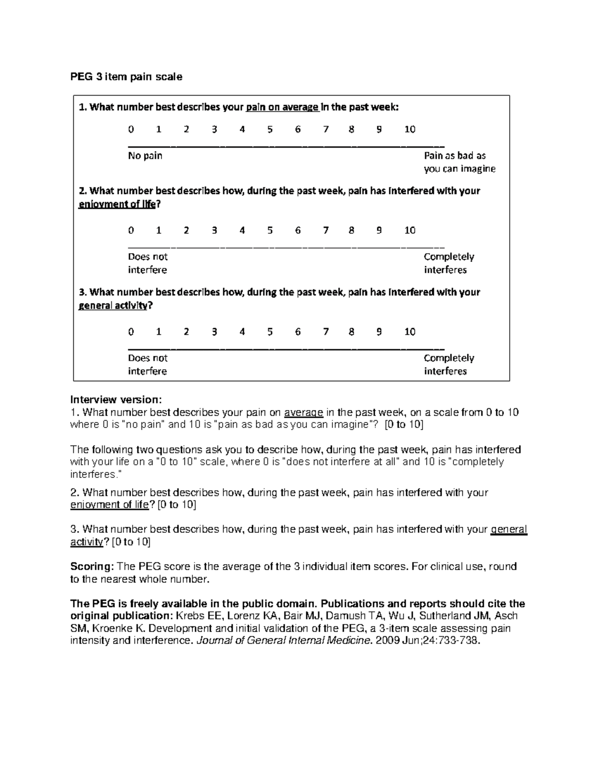1-PEG+3+item+pain+scale - PEG 3 item pain scale Interview version: What ...