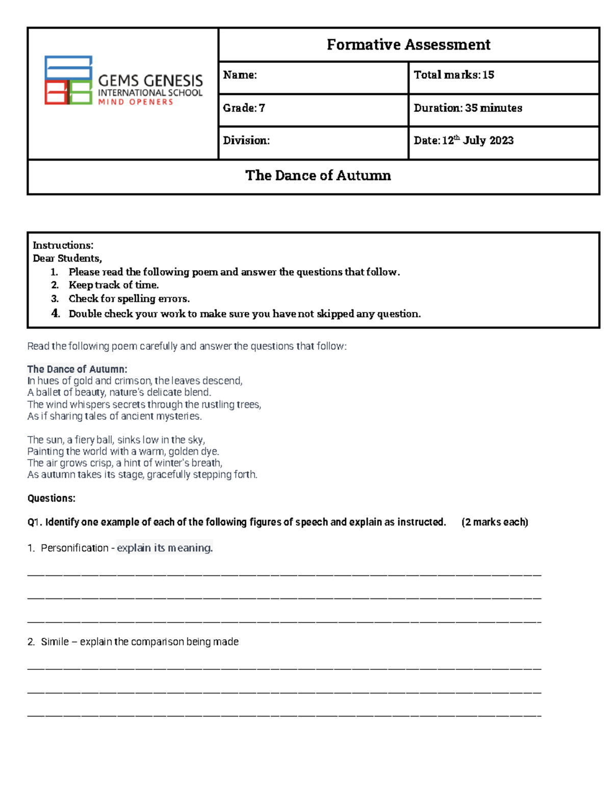 English Formative Assessment - Formative Assessment Name: Total marks ...