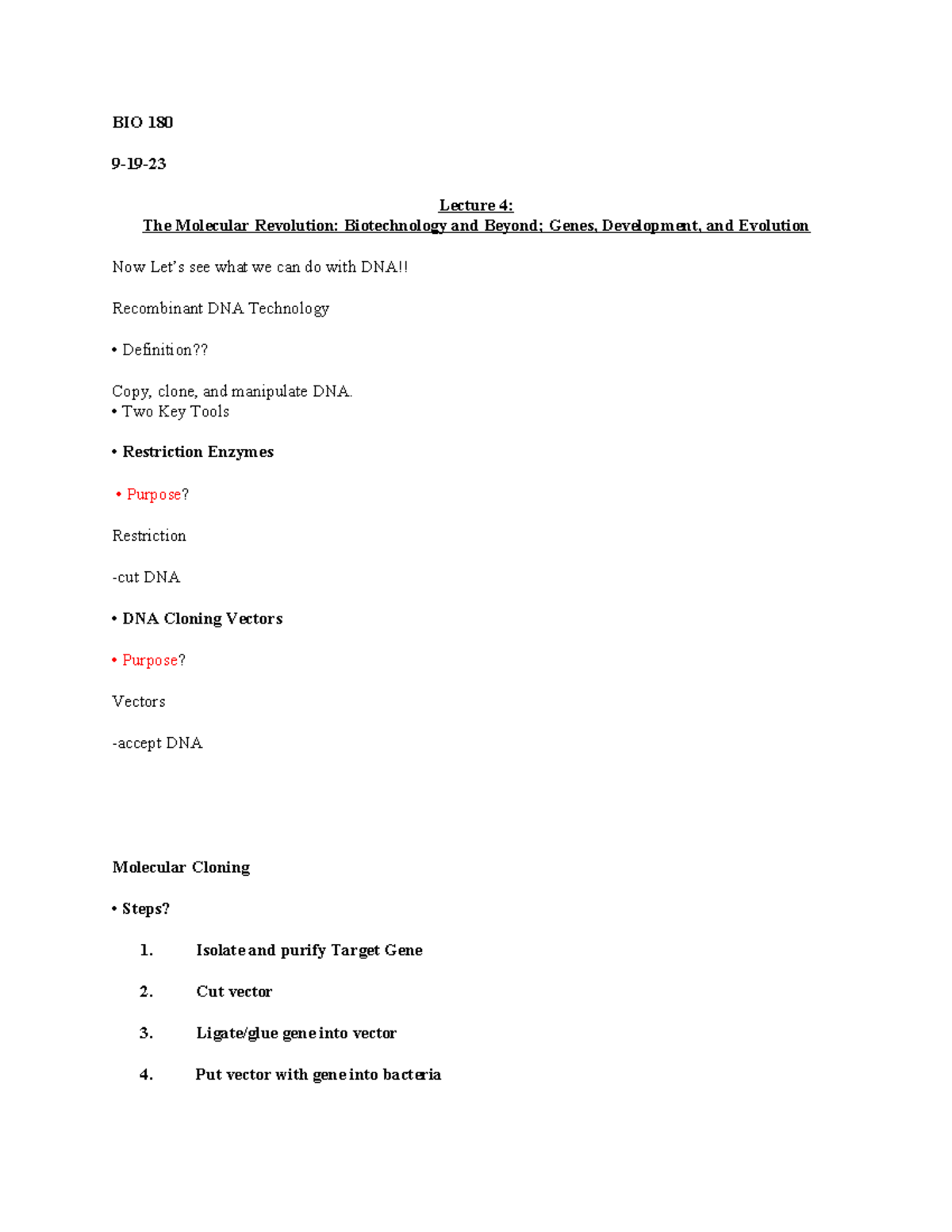 BIO 180 notes 9-19-23 copy - BIO 180 9-19- Lecture 4: The Molecular ...