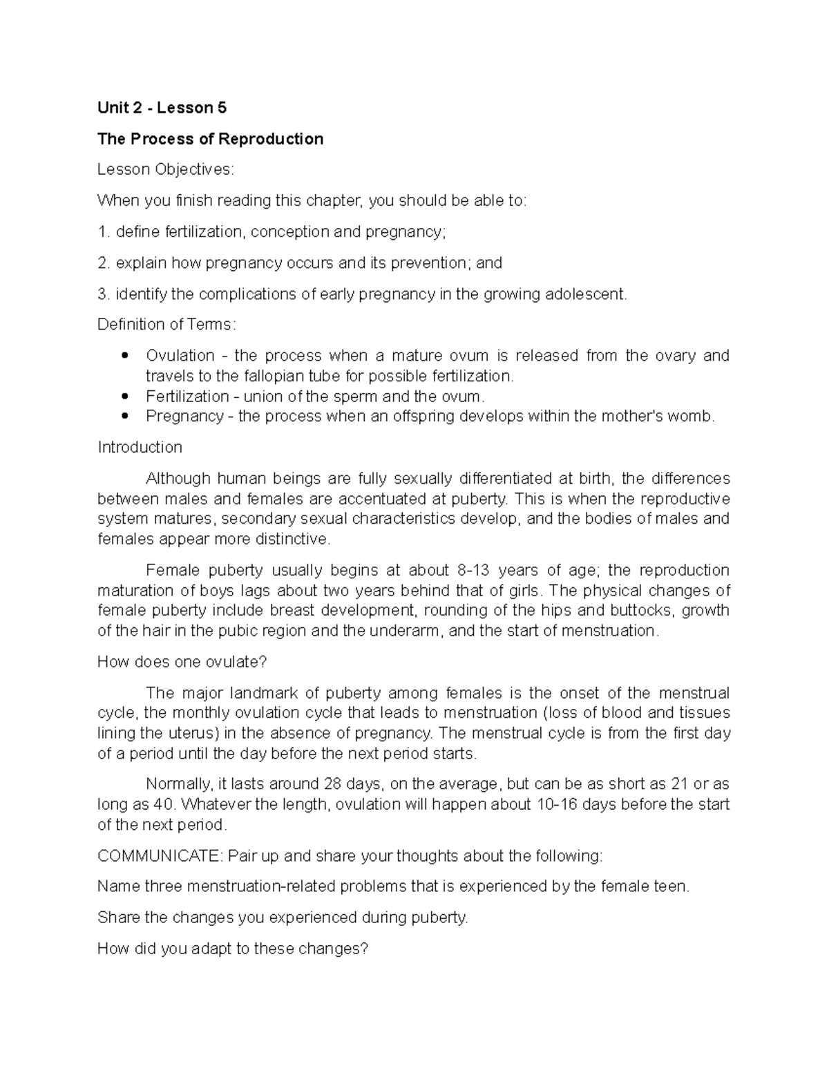 The Process of Reproduction - Unit 2 - Lesson 5 The Process of ...