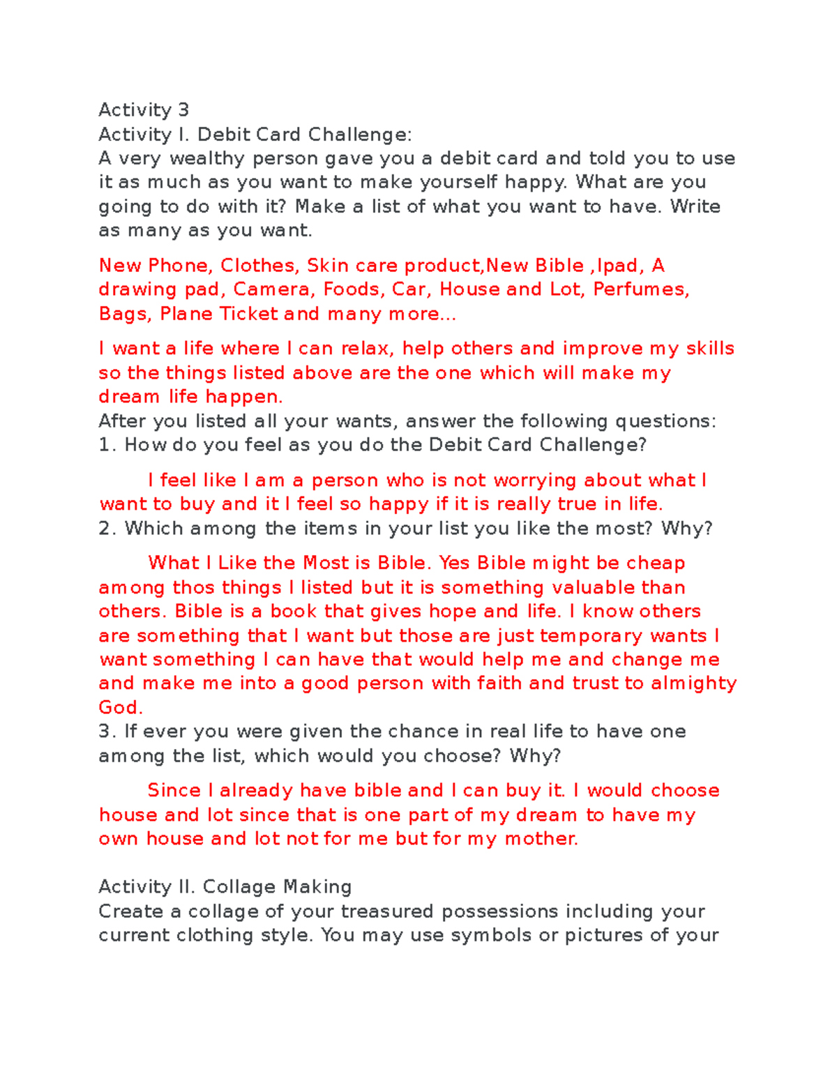 Understanding the self Activity 3 - Activity 3 Activity I. Debit Card ...