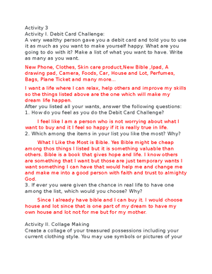 Assignment 5 - Material Self - 1. How do you feel as you do the Debit ...