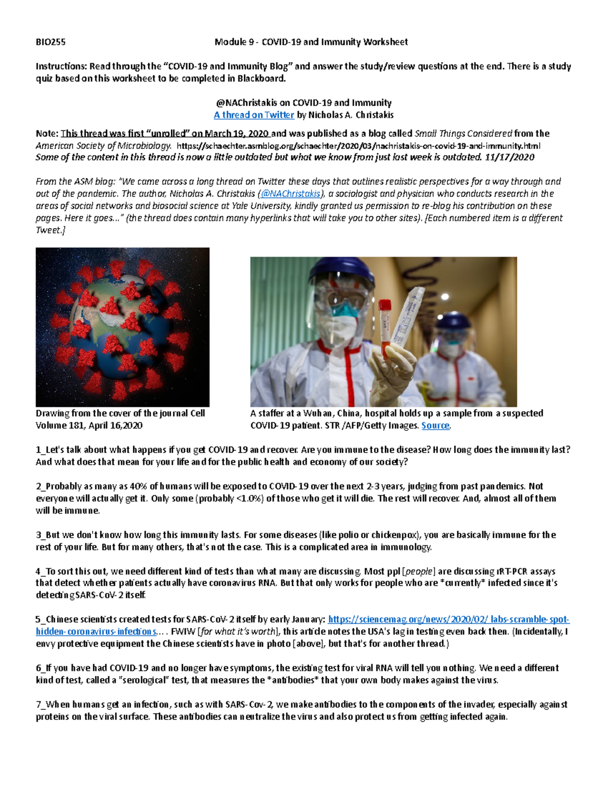 Module 9 - Covid-19 and Immunity Worksheet - BIO255 Module 9 - COVID-19 ...