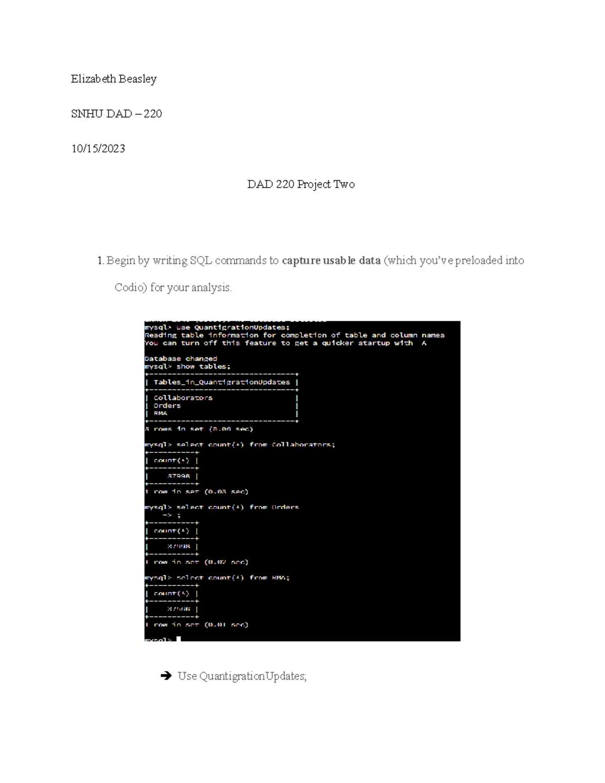 DAD220Project 2 - course work - Elizabeth Beasley SNHU DAD – 220 10/15/ DAD 220 Project Two ...