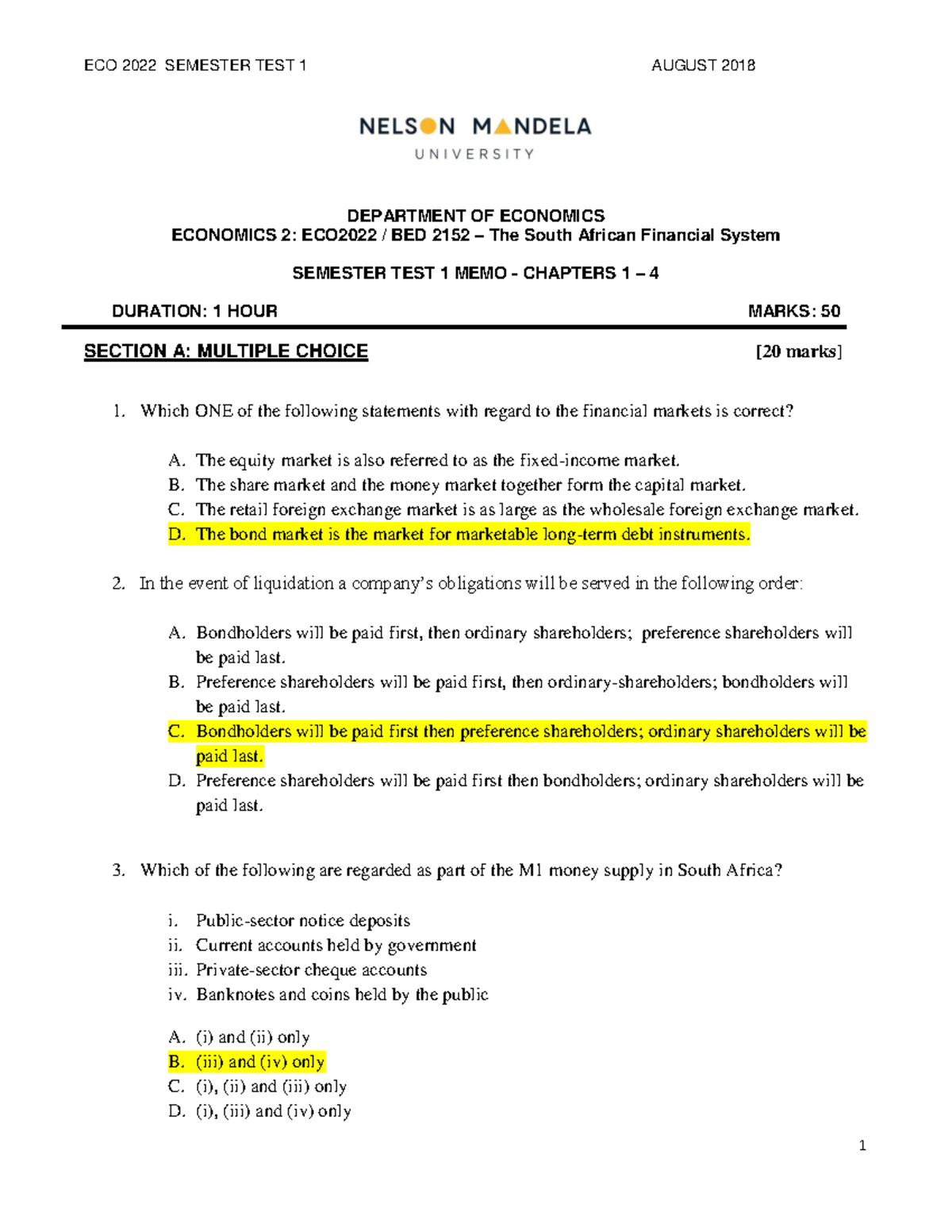 ECO2022 Semester test 1 MEMO August 2018 - DEPARTMENT OF ECONOMICS ...