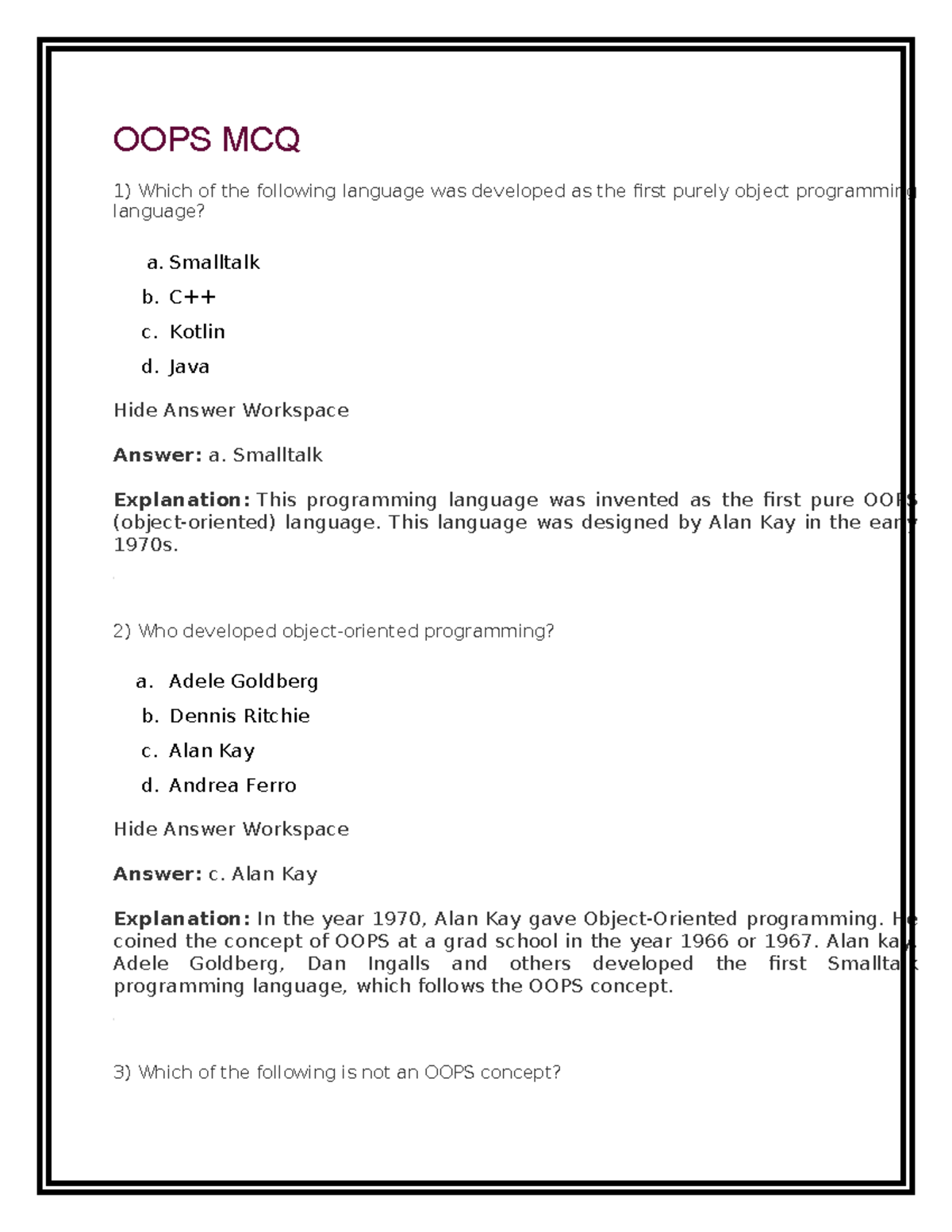 OOP MCQ with answers - OOPS MCQ 1) Which of the following language was developed as the first ...