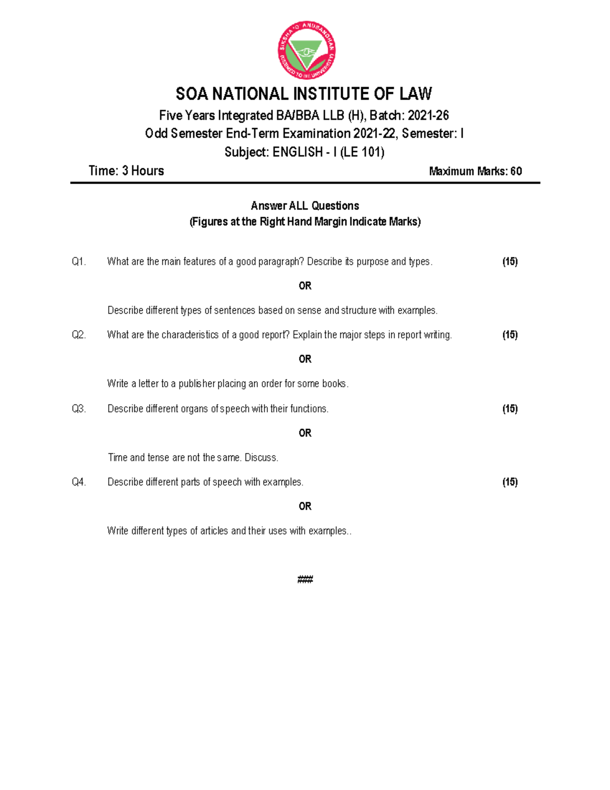 English - I (LE 101) - u will love this paper - SOA NATIONAL INSTITUTE ...