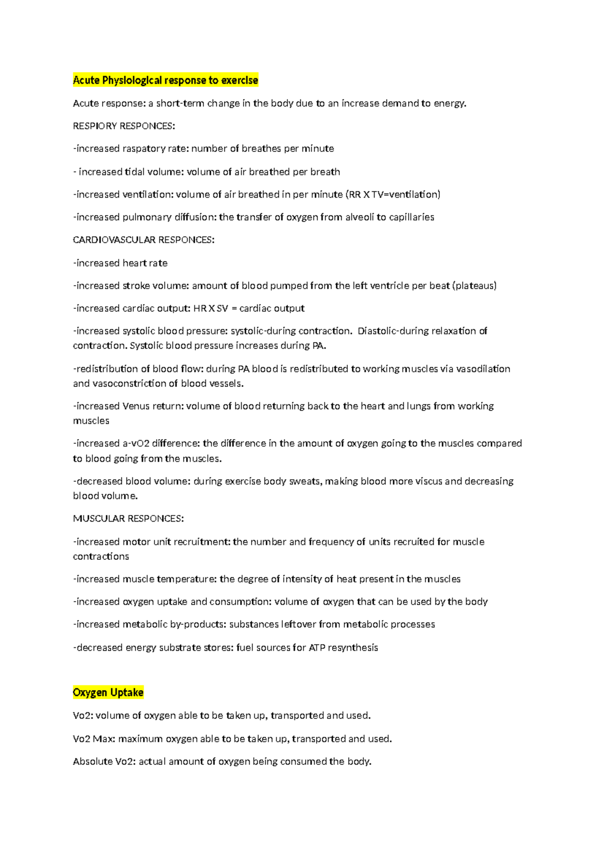 U4AOS 2 summary sheet - Acute Physiological response to exercise Acute ...