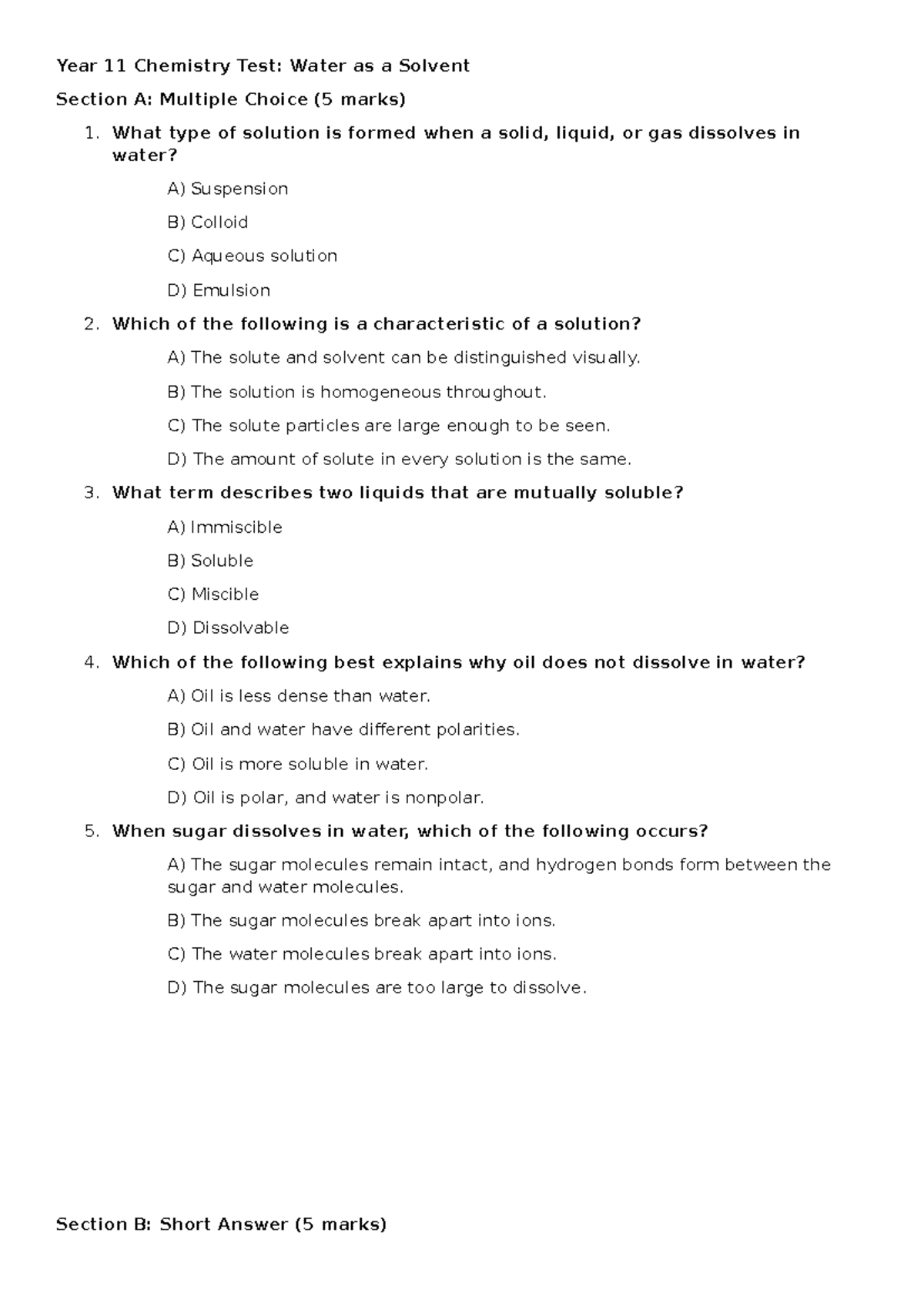 Water as a Solvent Test - Prac Test - Year 11 Chemistry Test: Water as ...