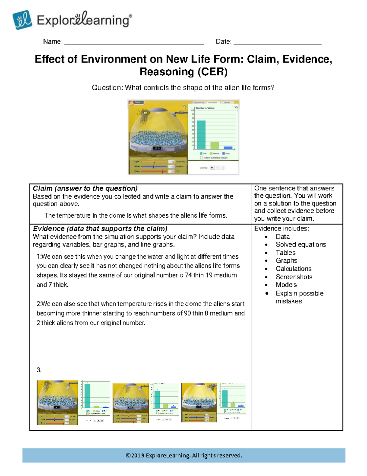 Effect of Environment on New Life Form: Claim, Evidence, Reasoning (CER ...