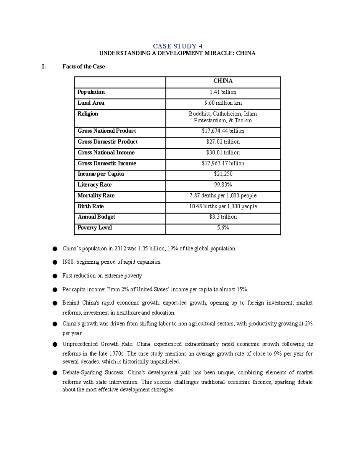 CASE Study 4 - essay - CASE STUDY 4 UNDERSTANDING A DEVELOPMENT MIRACLE: CHINA I. Facts of the ...