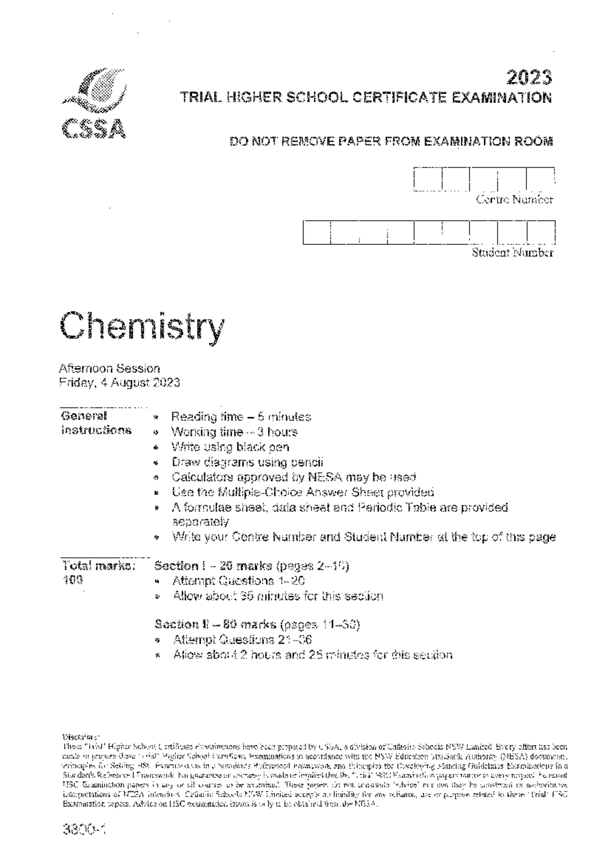 CSSA 2023 Chemistry Trials - 2023 TRIAL HIGHER SCHOOL CERTIFICATE EXAMINATION CSSA DO NOT REMOVE ...