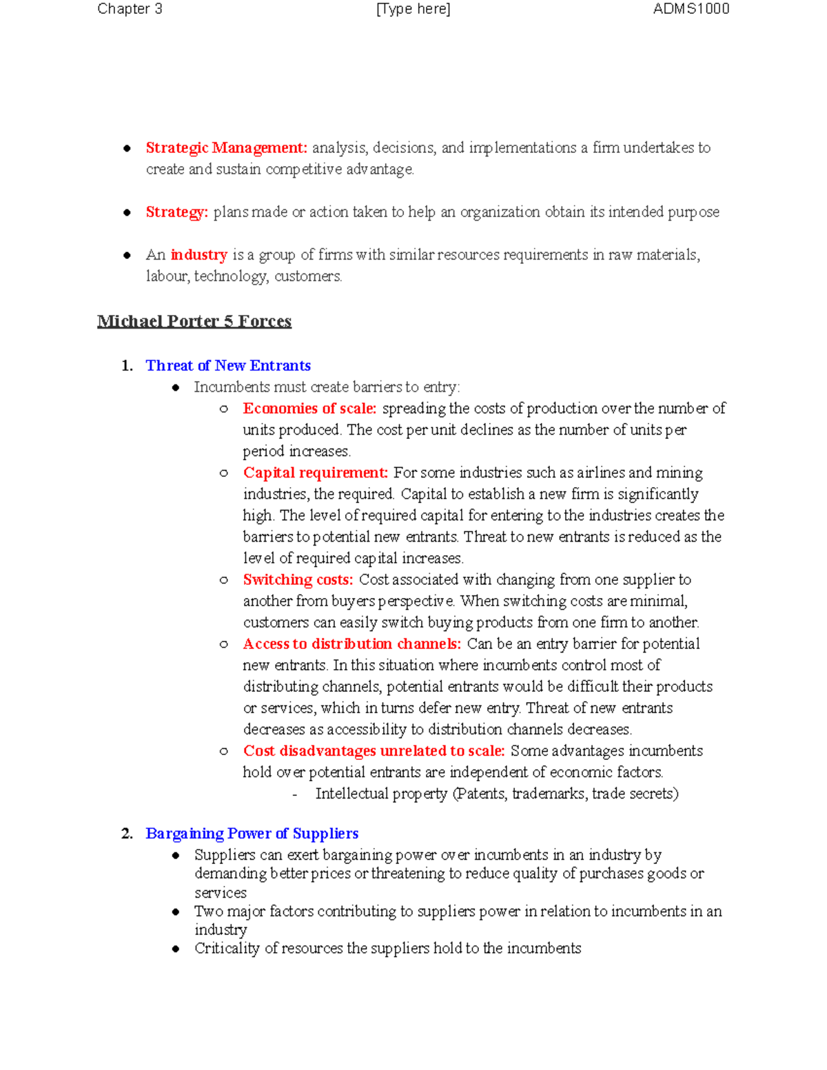 Chapter 3 Notes - Chapter 3 [Type here] ADMS1000 Strategic Management ...